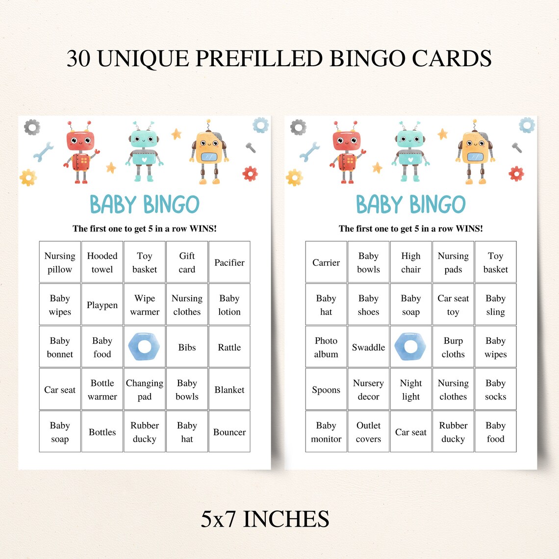 30 Printable Robot Baby Shower Bingo Cards 5x7'' Prefilled Baby Bingo ...