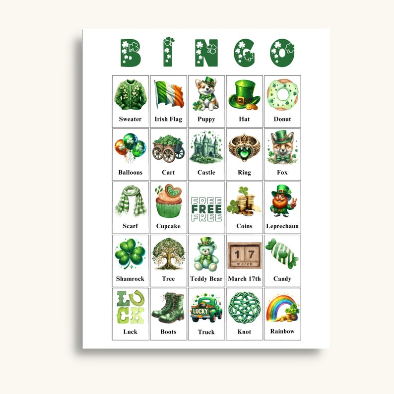 50 Printable St. Patrick's Day Picture Bingo Cards, St Patrick's Day ...