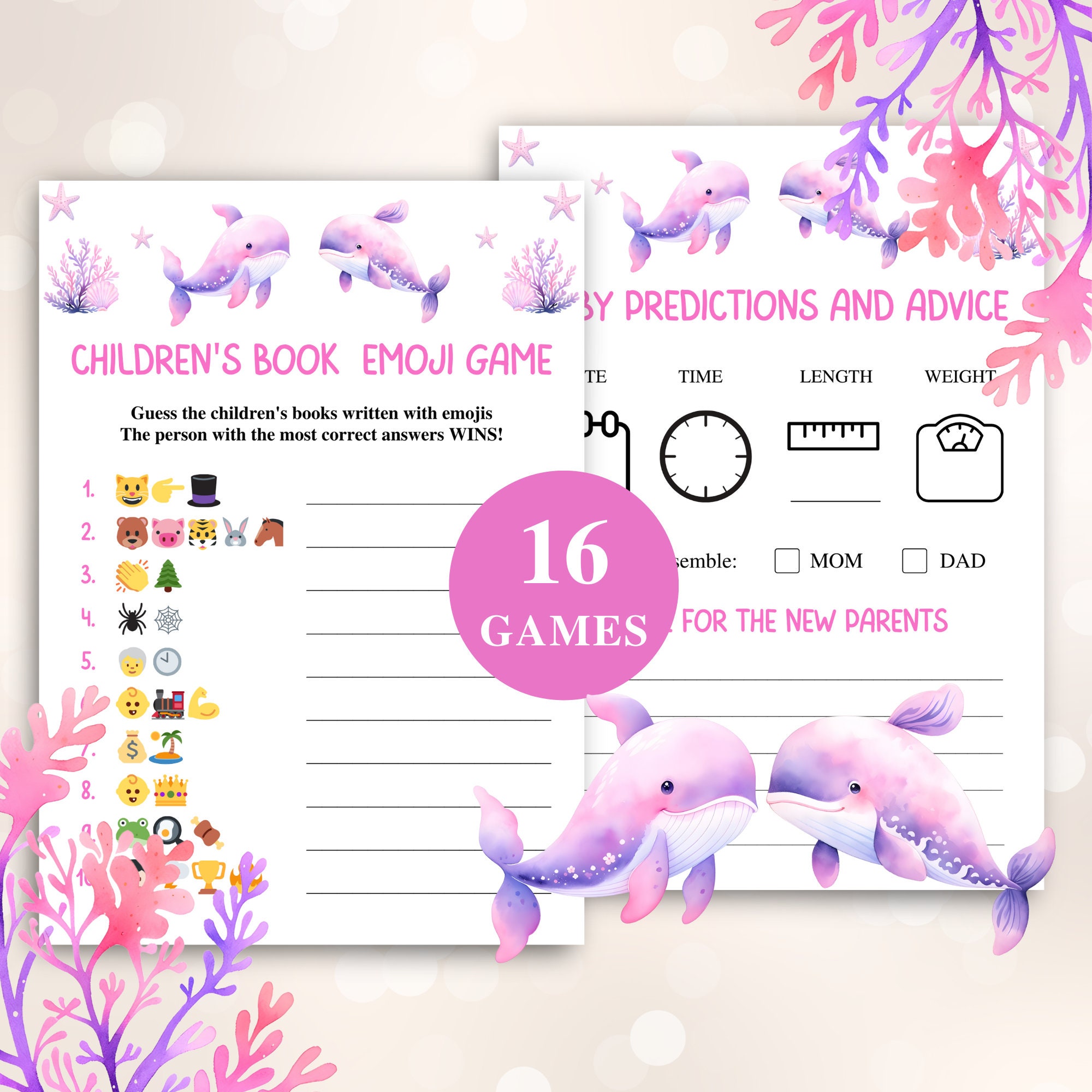 16 Printable Under the Sea Baby Shower Games, Pink Whale Baby Shower ...