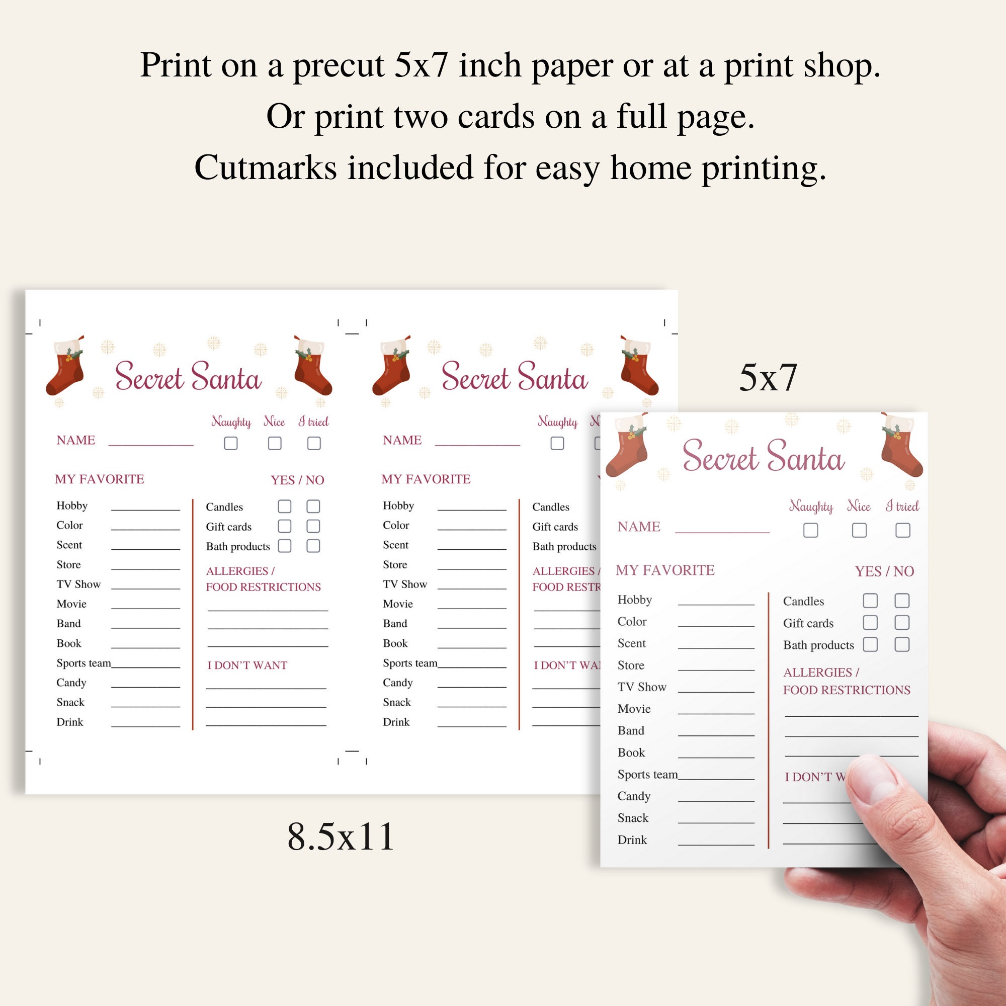 Printable Secret Santa Questionnaire, 5x7 Work Secret Santa Info Cards ...
