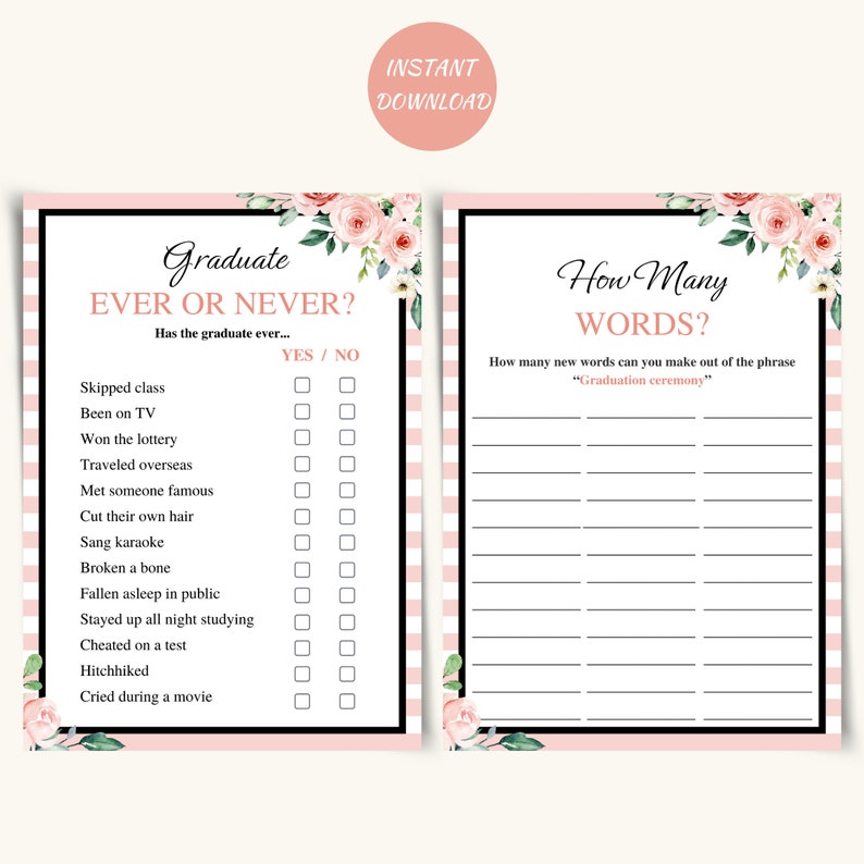 10 Printable Graduation Party Games, Floral Theme Grad Games, DOWNLOAD ...