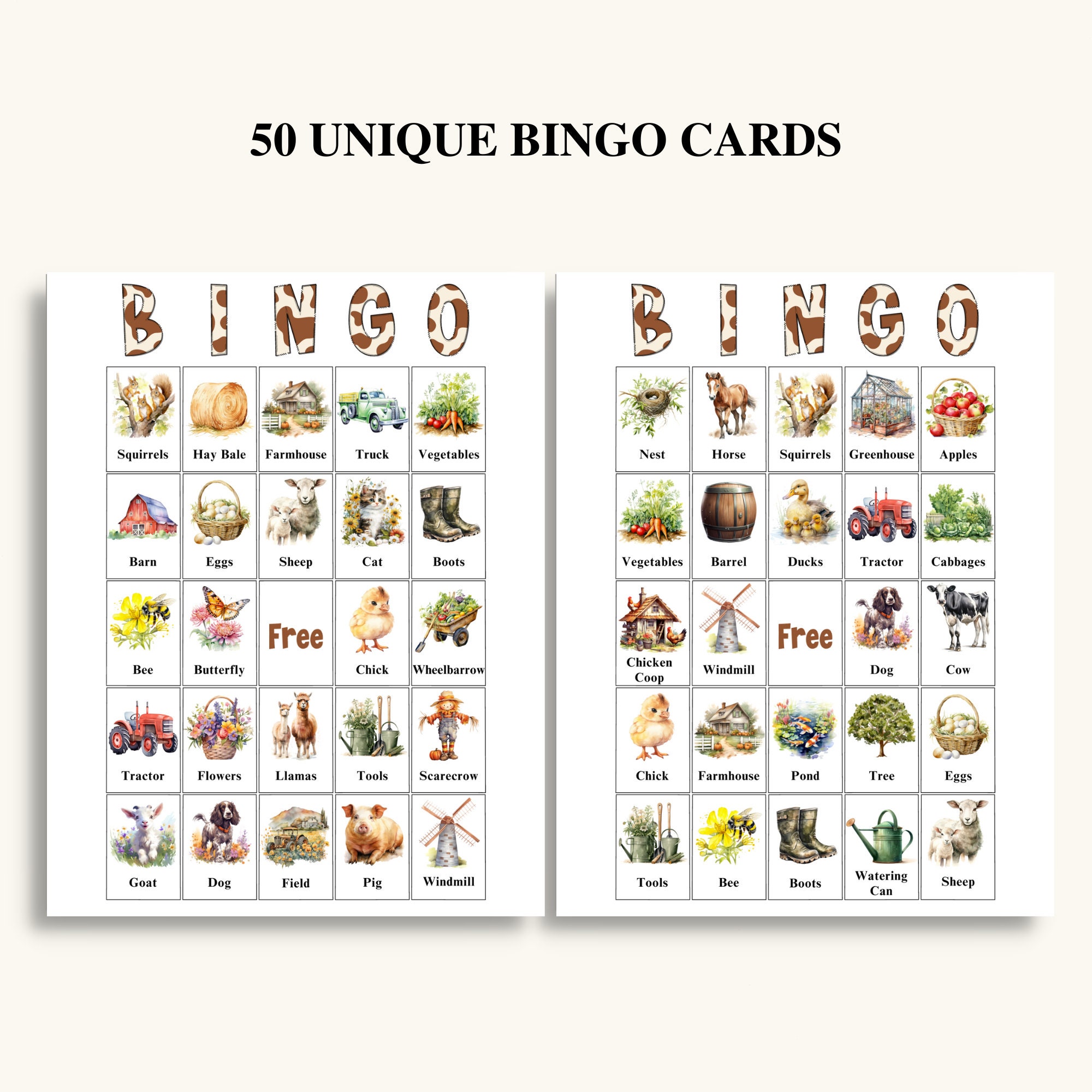 50 Printable Farm Bingo Cards Farm Themed Picture Bingo - Etsy