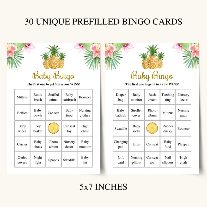 30 Printable Prefilled Baby Shower Bingo Cards Pineapple Baby Etsy