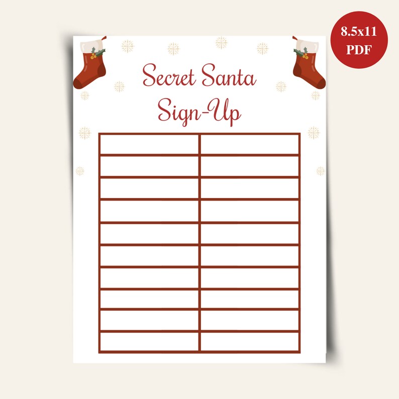 Printable Secret Santa Sign up Sheet: DOWNLOAD - Etsy
