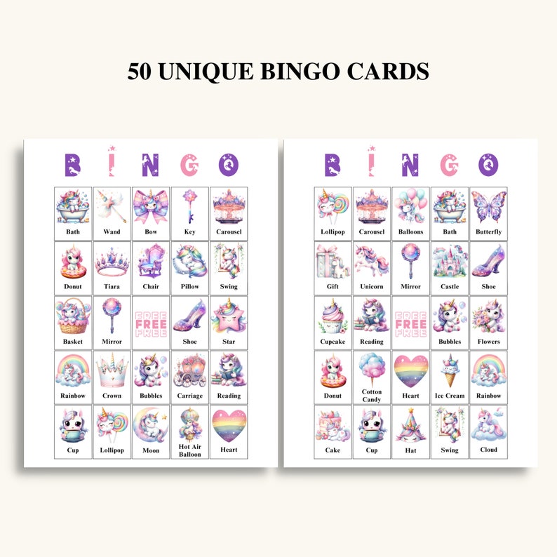 50 Printable Unicorn Picture Bingo Cards, Unicorn Birthday Party Games ...