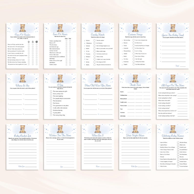 30 Printable Teddy Bear Baby Shower Games, Blue Baby Shower Games, Boy ...