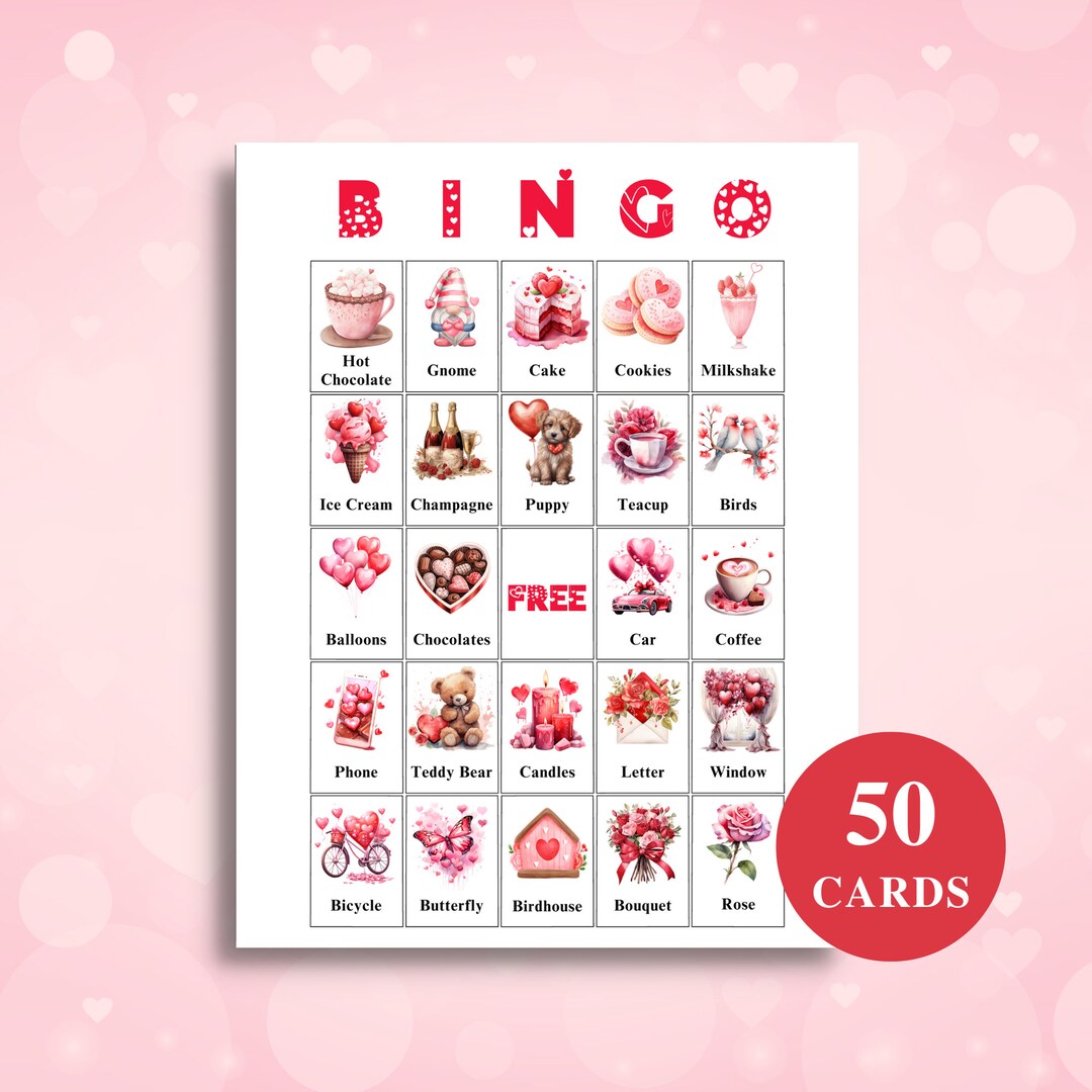 50 Printable Valentine's Day Bingo Cards | Valentines Picture Bingo ...