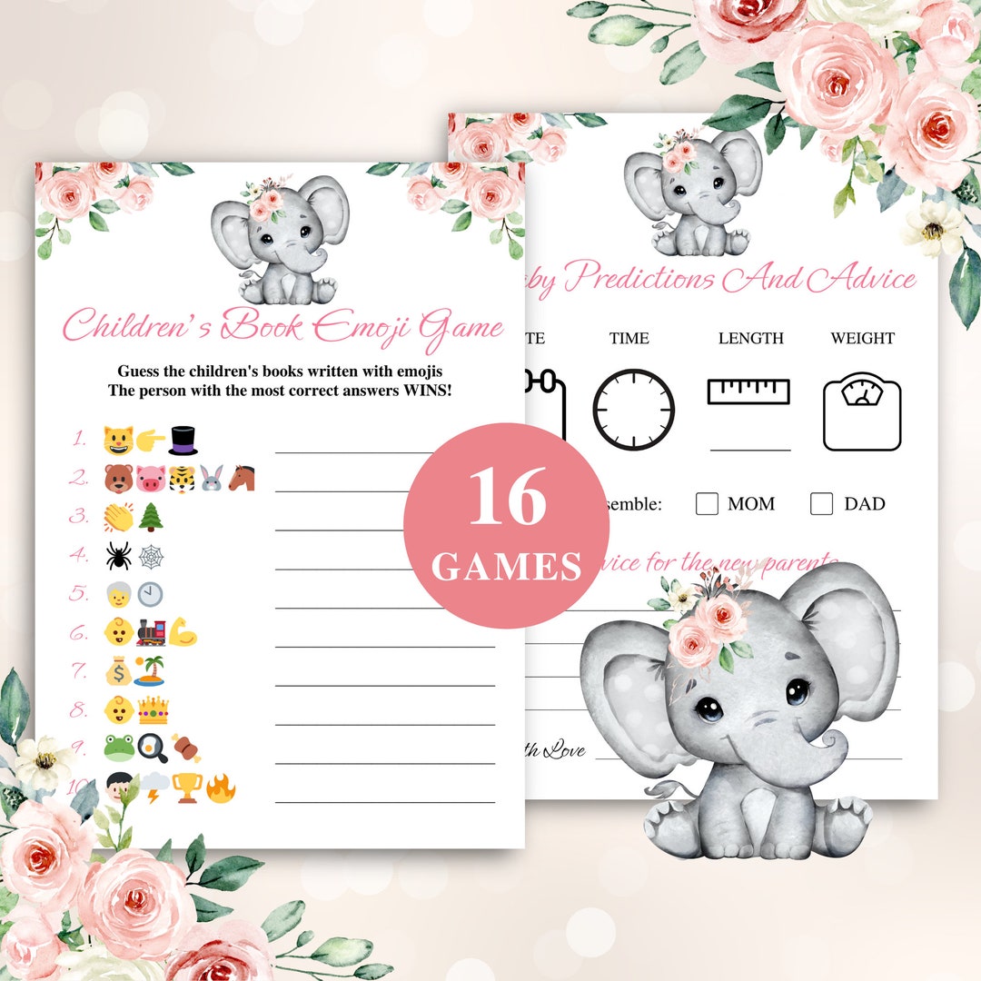 16 Printable Elephant Baby Shower Games, Floral Elephant Baby Shower ...