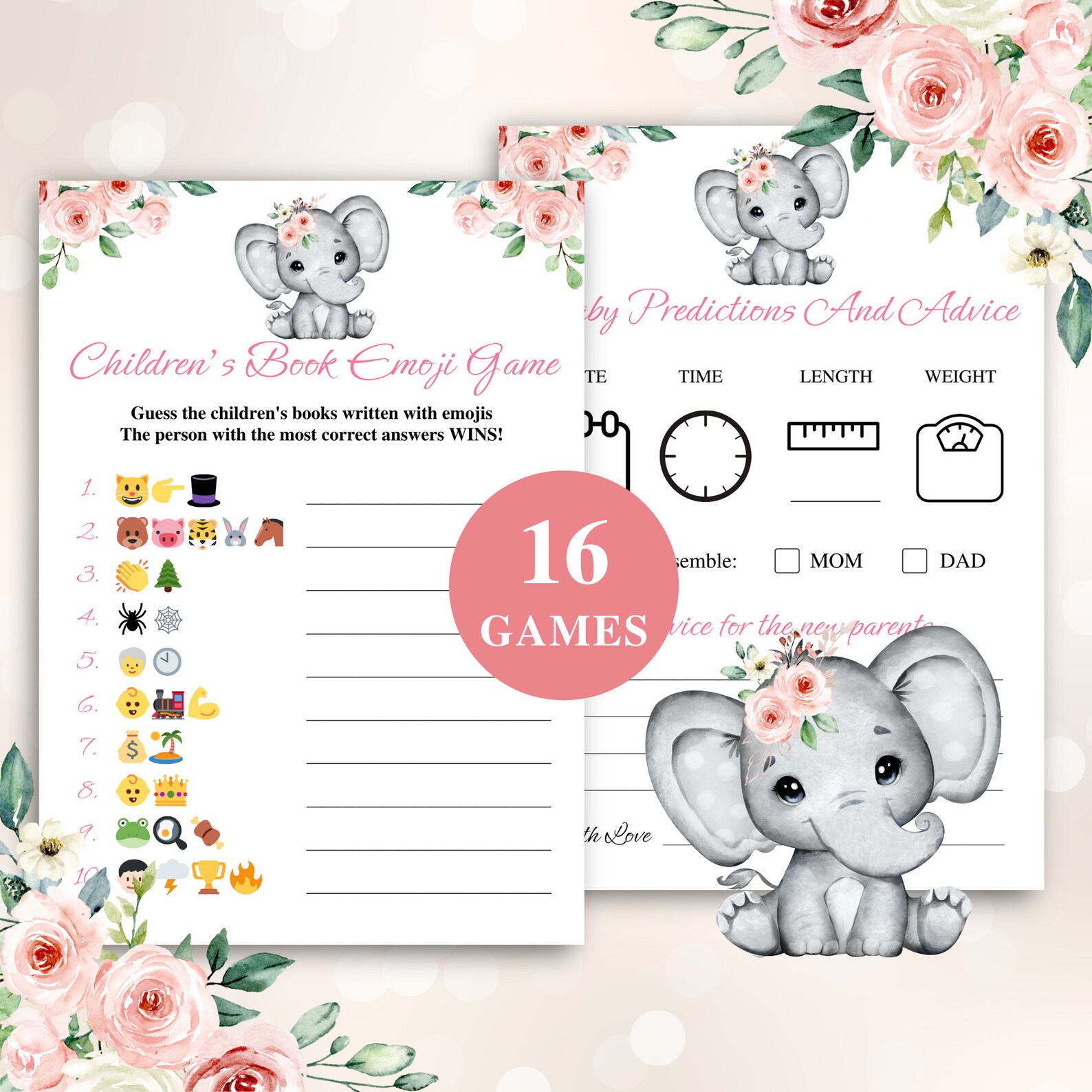 16 Printable Elephant Baby Shower Games, Floral Elephant Baby Shower ...