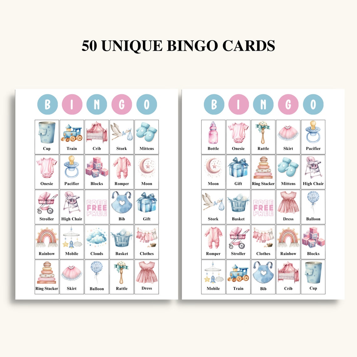50 Printable Gender Reveal Bingo Cards: Gender Reveal Picture Bingo ...