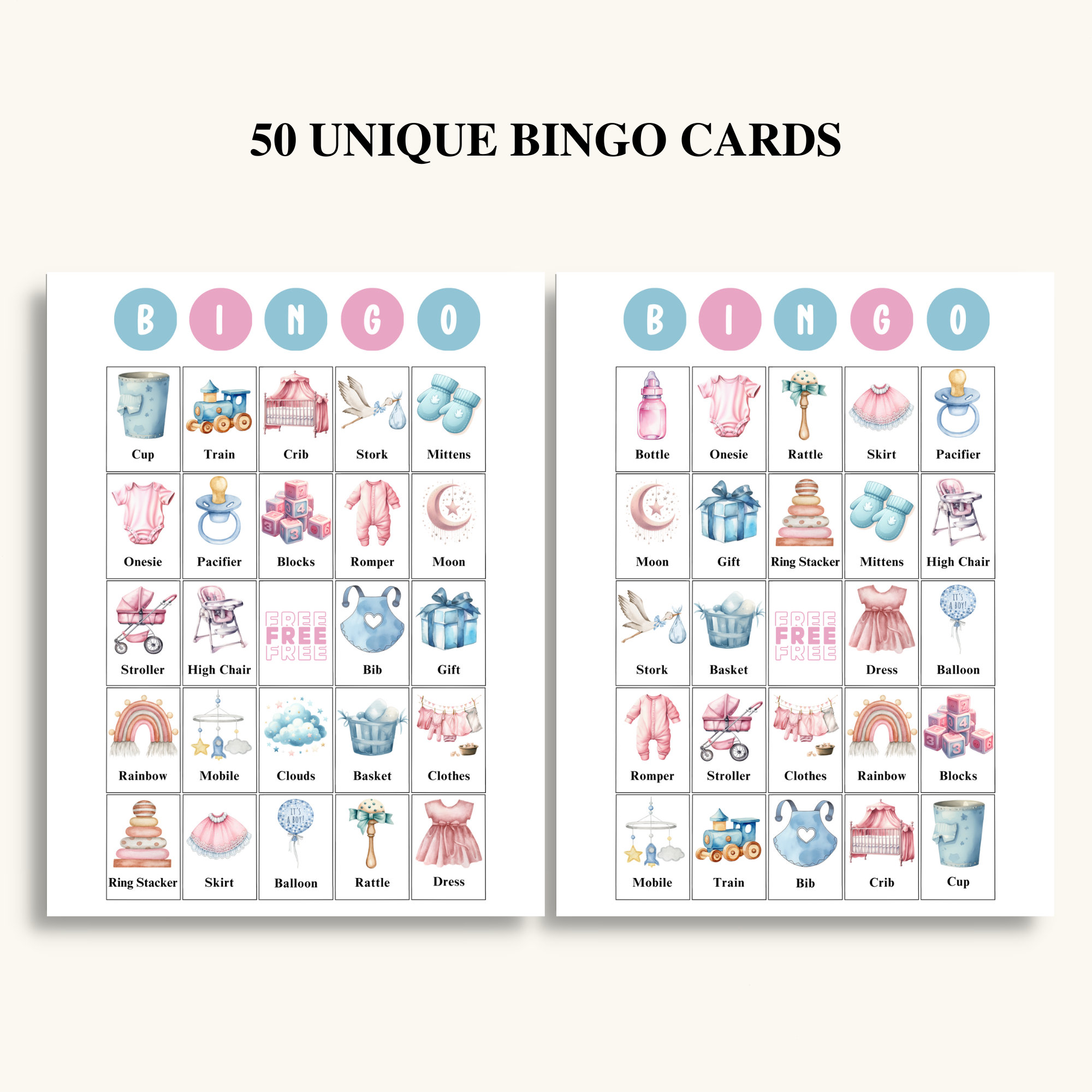 50 Printable Gender Reveal Bingo Cards: Pink and Blue Picture Bingo, 8 ...