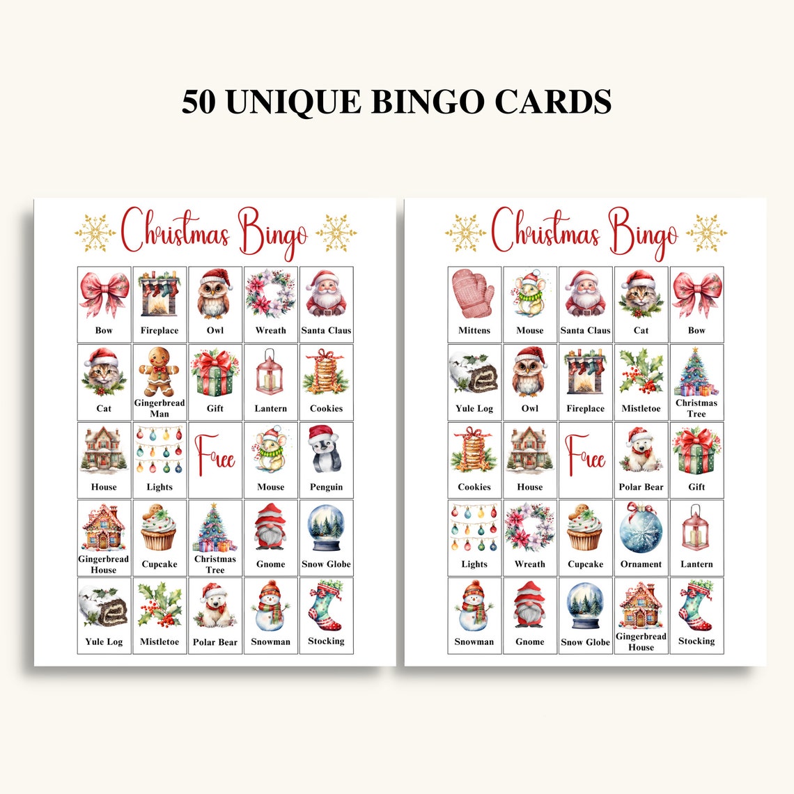 50 Printable Christmas Bingo Cards, Christmas Picture Bingo, Christmas ...