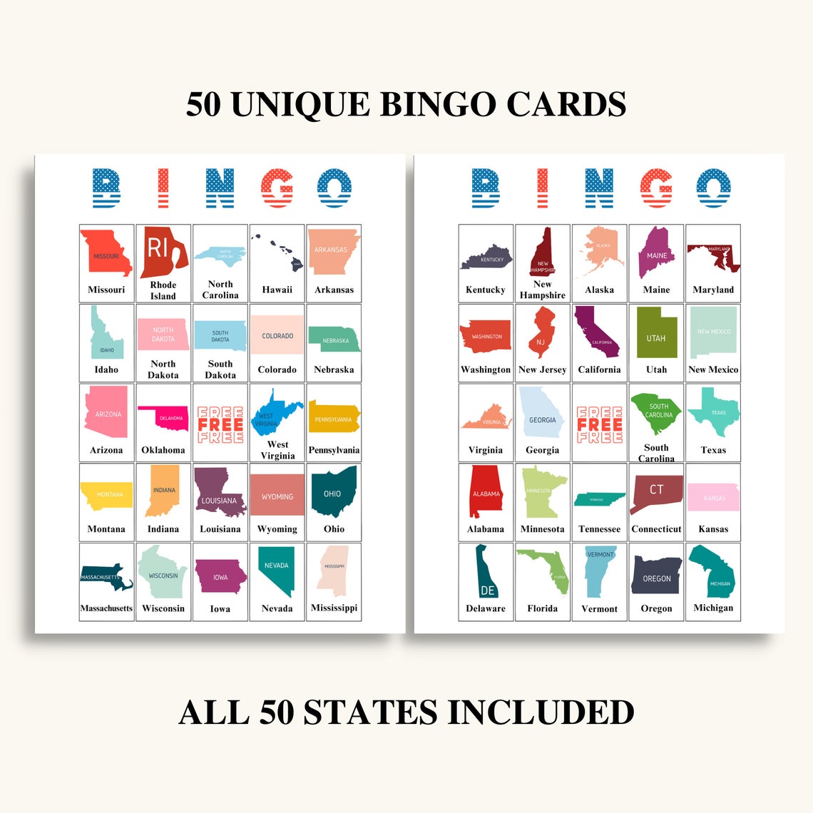 50 Printable US State Bingo Cards States Picture Bingo American States ...