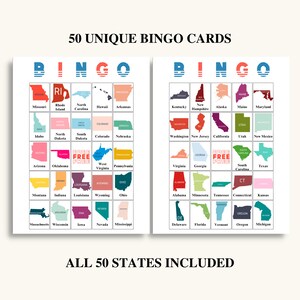 50 Printable US State Bingo Cards | States Picture Bingo | American ...