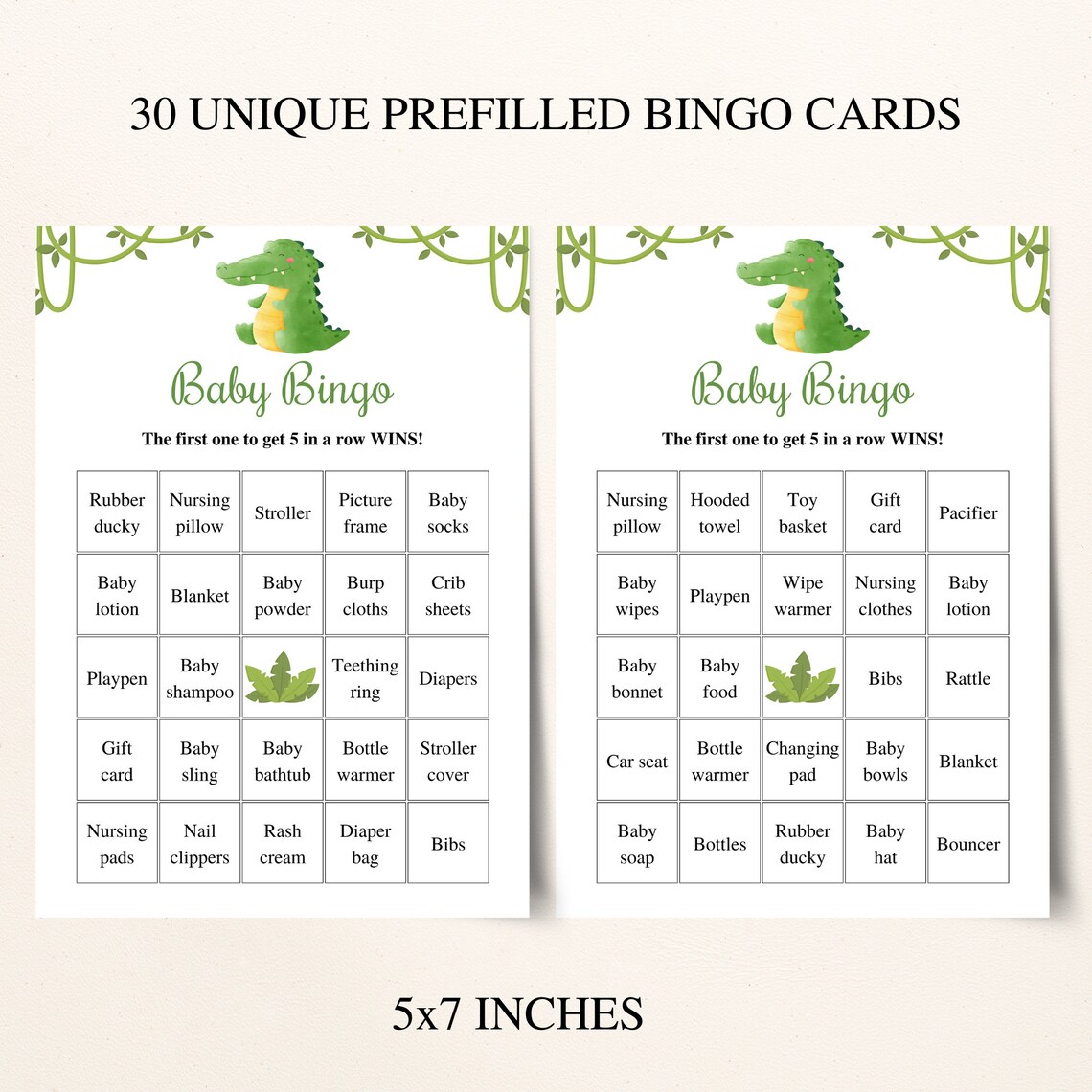 30 Printable Alligator Baby Shower Bingo Cards 5x7 Prefilled - Etsy