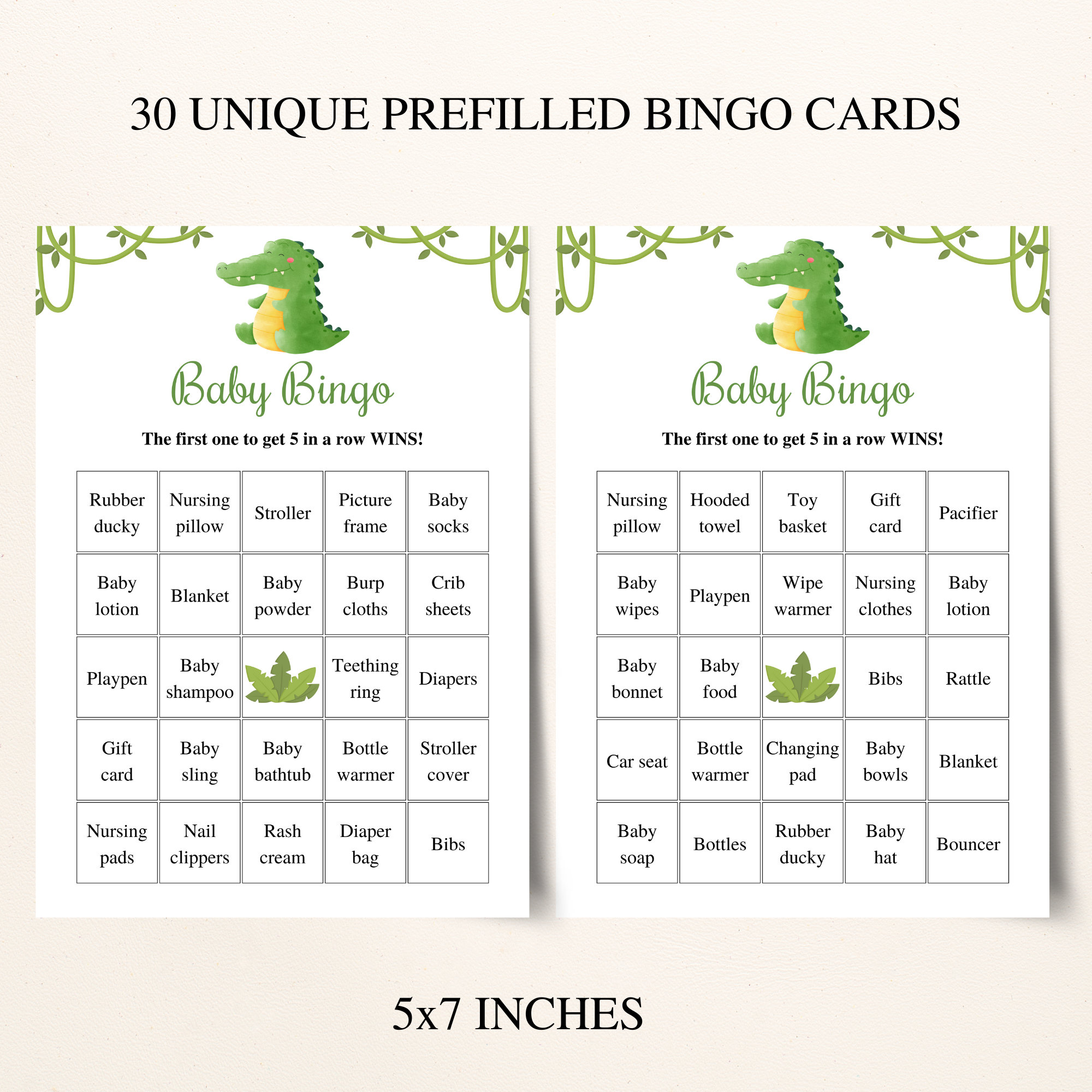 30 Printable Alligator Baby Shower Bingo Cards 5x7 Prefilled - Etsy