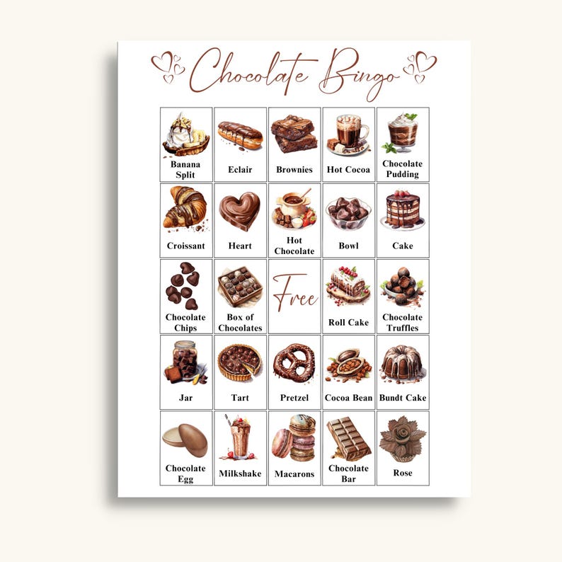 50 Printable Chocolate Picture Bingo Cards, Birthday Party Games ...
