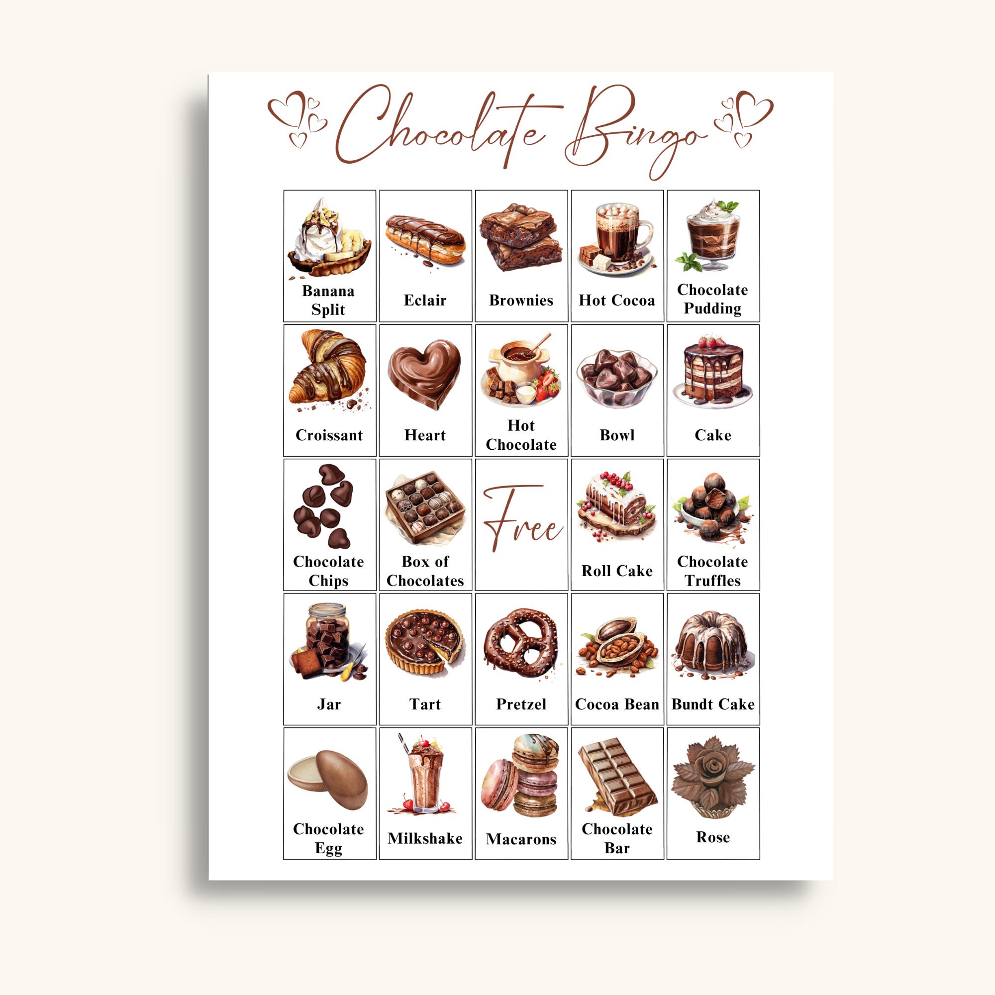 50 Printable Chocolate Picture Bingo Cards, Birthday Party Games ...