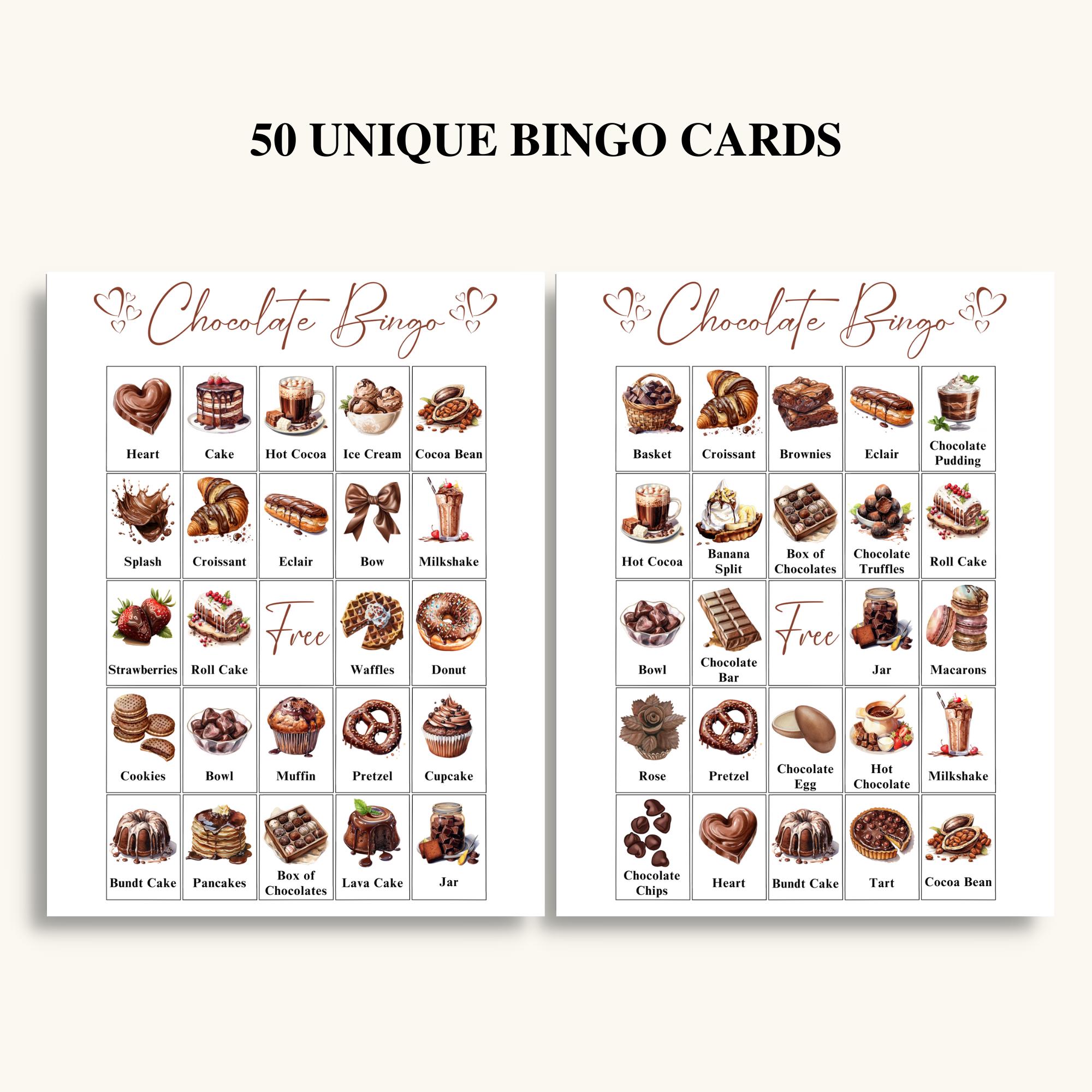 50 Printable Chocolate Picture Bingo Cards, Birthday Party Games ...