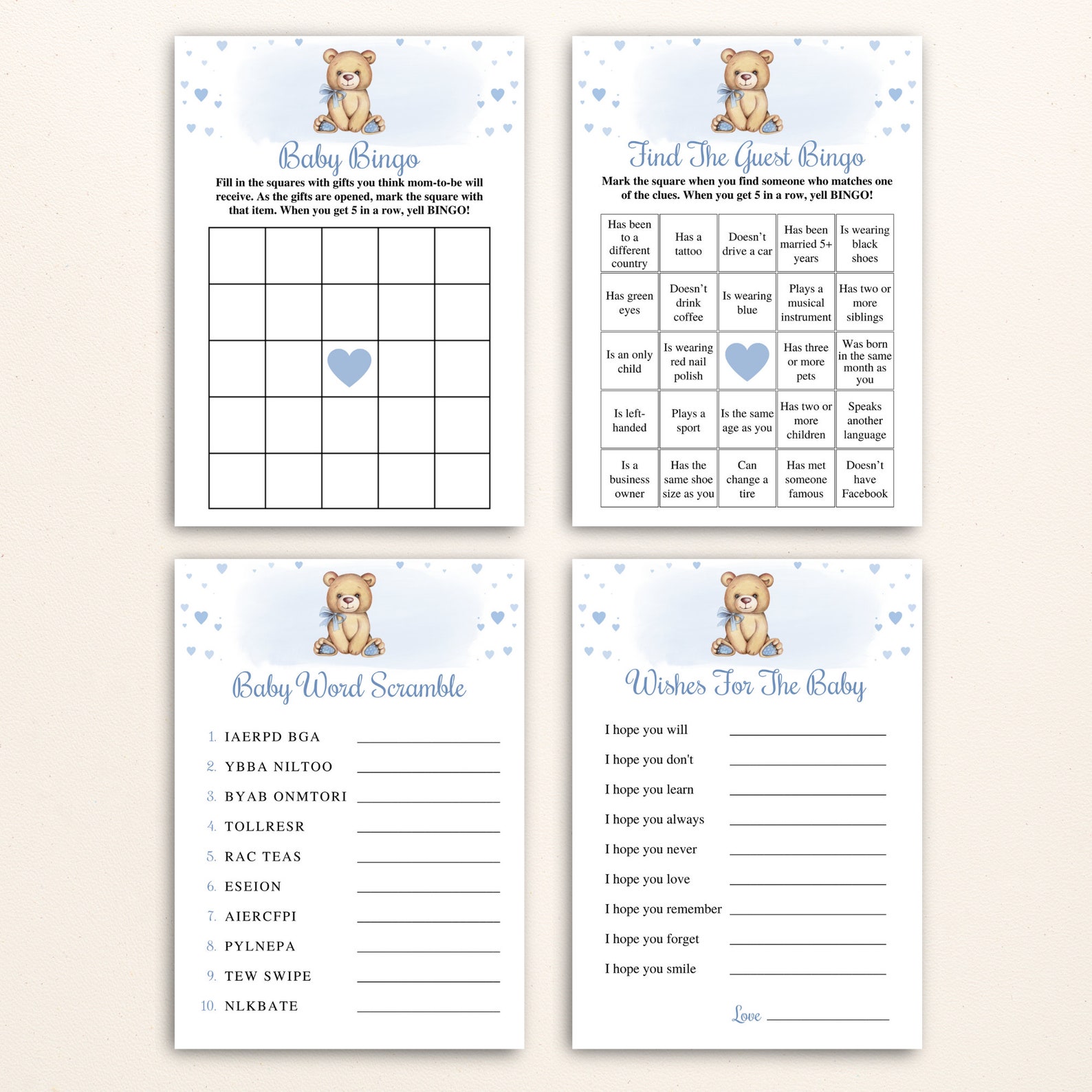16 Printable Teddy Bear Baby Shower Games Blue Bear Baby Shower Games Boy Baby Sprinkle Games ...