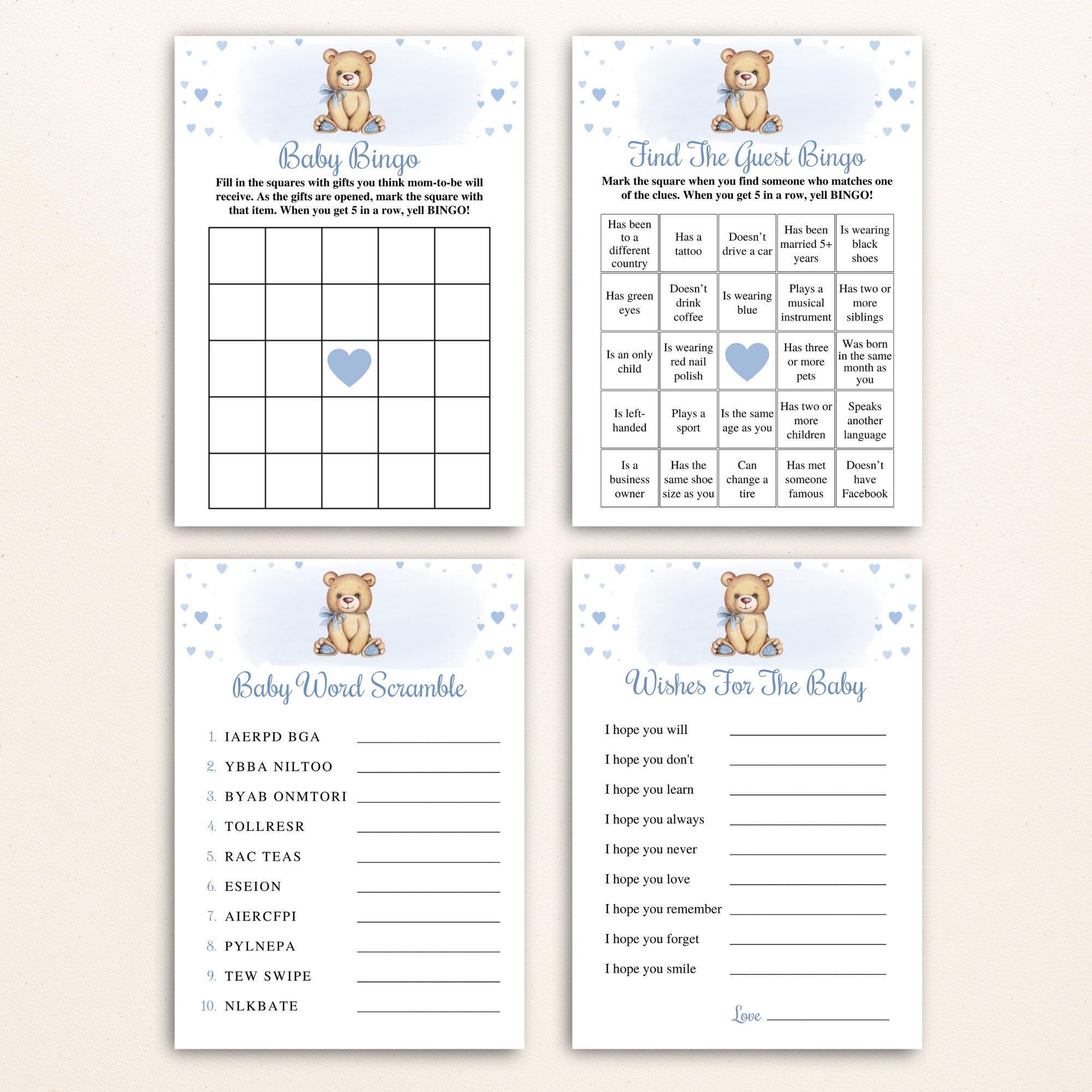 16 Printable Teddy Bear Baby Shower Games Blue Bear Baby Shower Games ...