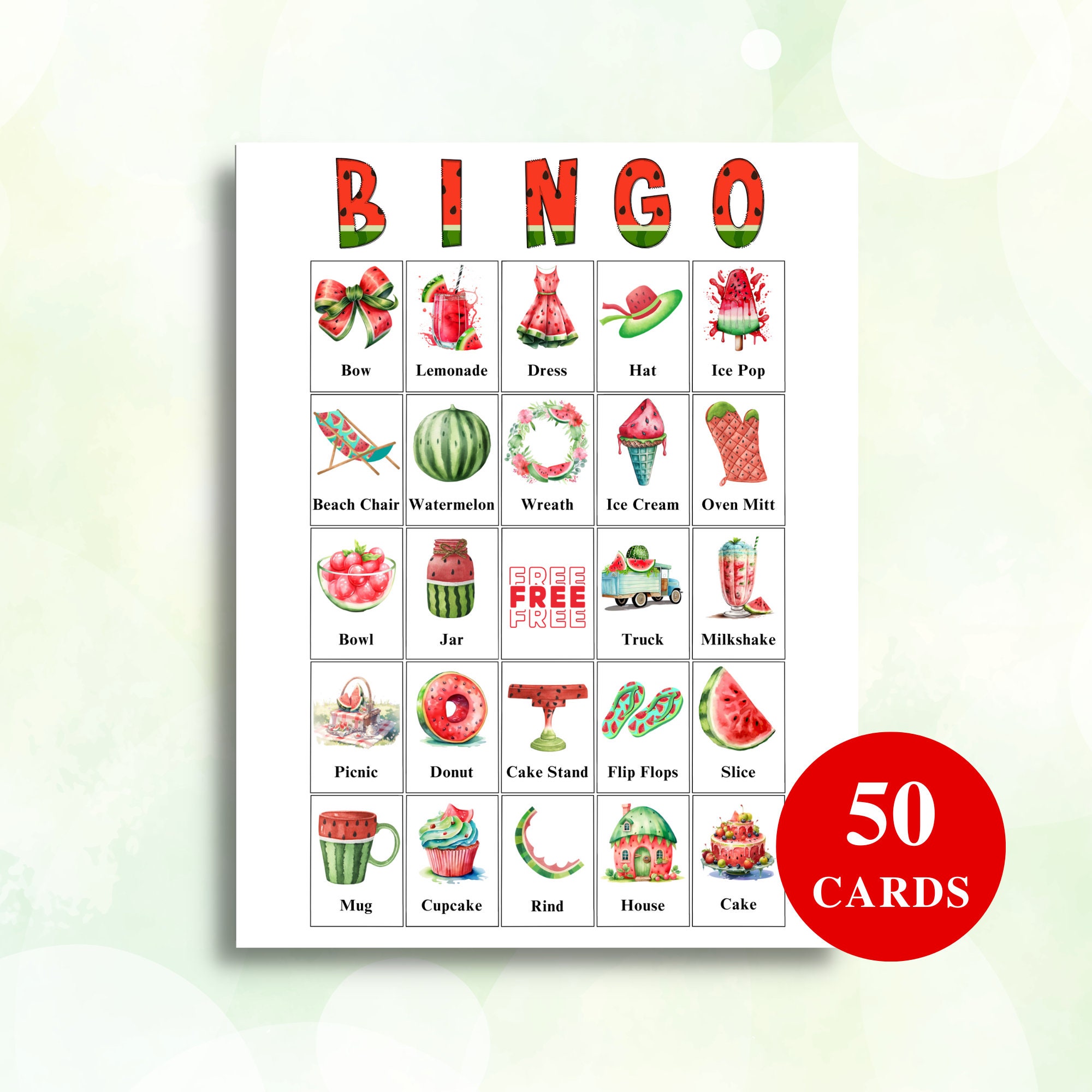 50 Printable Watermelon Bingo Cards Watermelon Themed Picture Bingo One ...