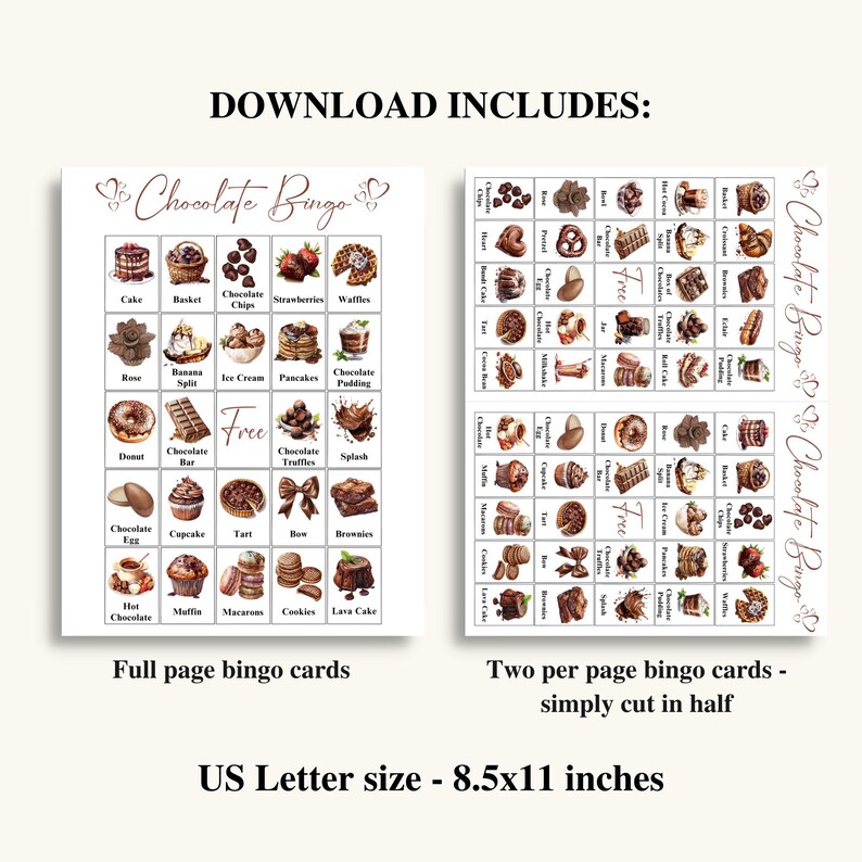 50 Printable Chocolate Picture Bingo Cards, Birthday Party Games ...