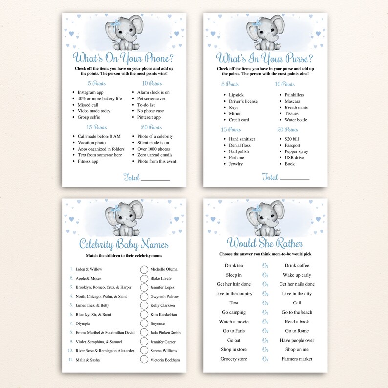 16 Printable Elephant Baby Shower Games, Boy Elephant Baby Shower Game ...