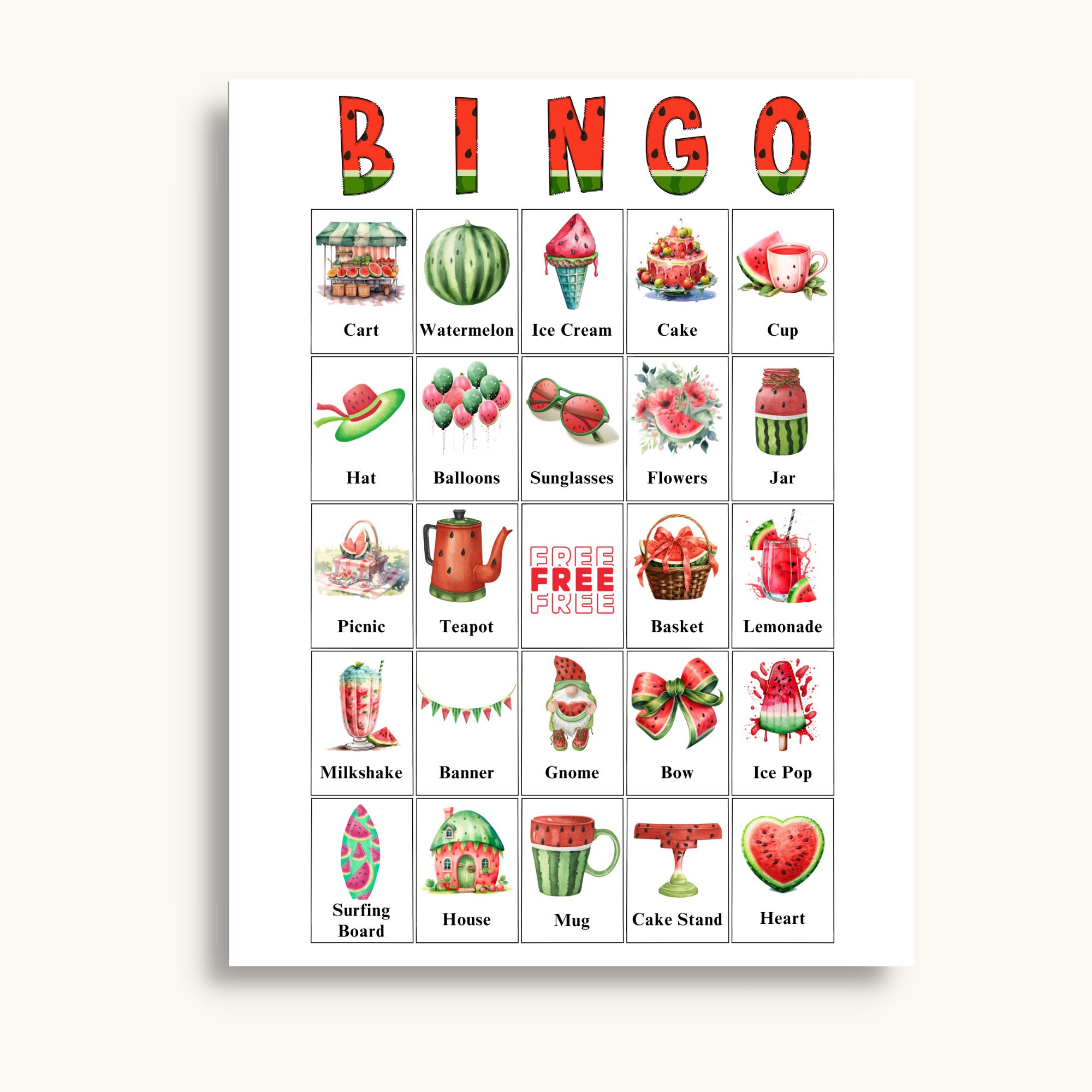 50 Printable Watermelon Bingo Cards Watermelon Themed Picture Bingo One ...