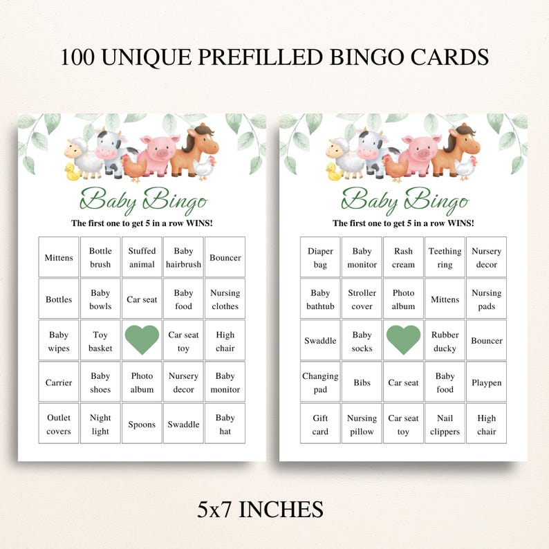 100 Printable Farm Baby Shower Bingo Cards, Prefilled Baby Shower Gift ...