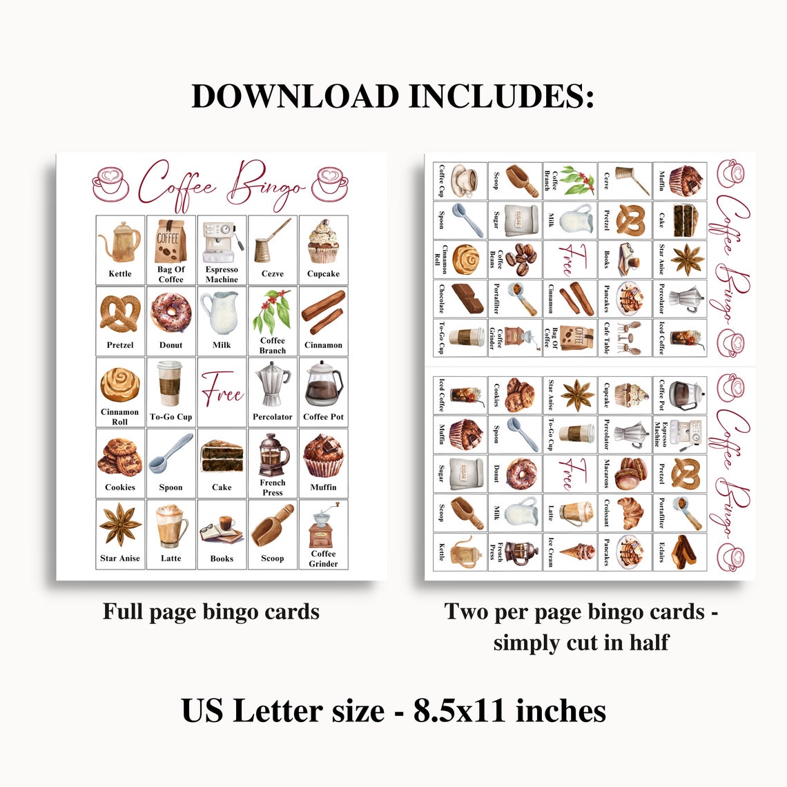 50 Printable Coffee Picture Bingo Cards, Coffee Bingo Cards, Coffee ...