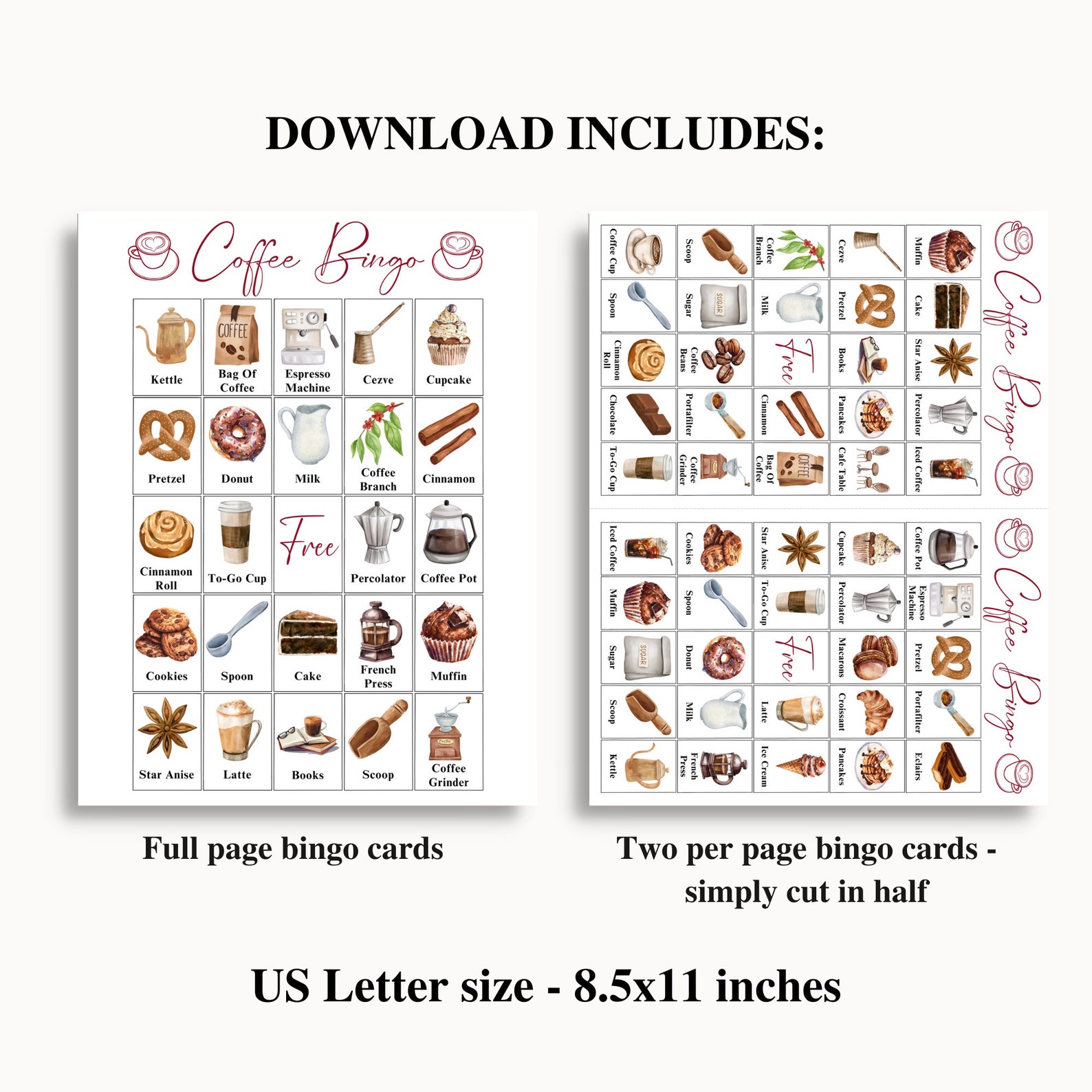 50 Printable Coffee Picture Bingo Cards, Coffee Bingo Cards, Coffee ...