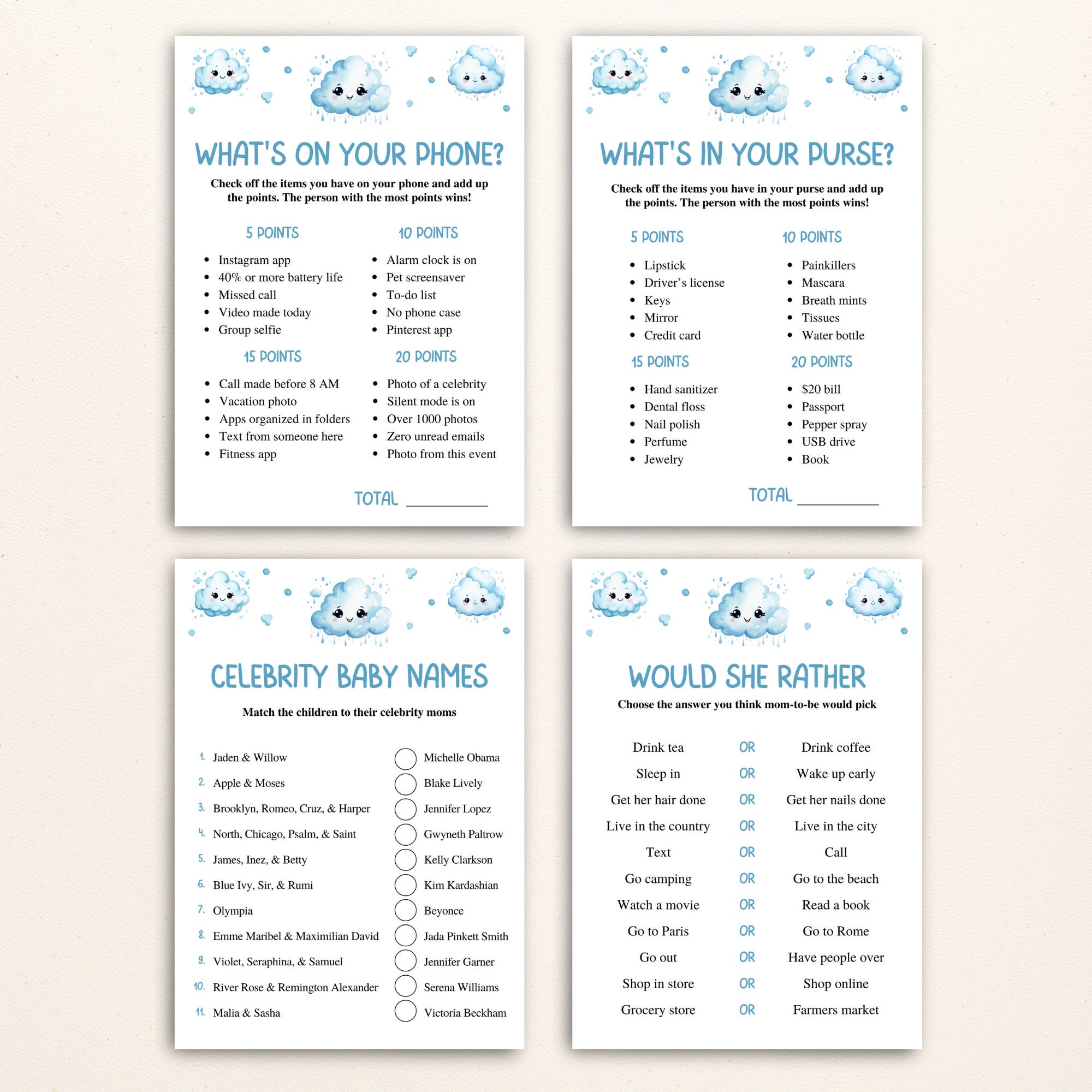 16 Printable Cloud Baby Shower Games | Raindrop Baby Shower Game Bundle ...