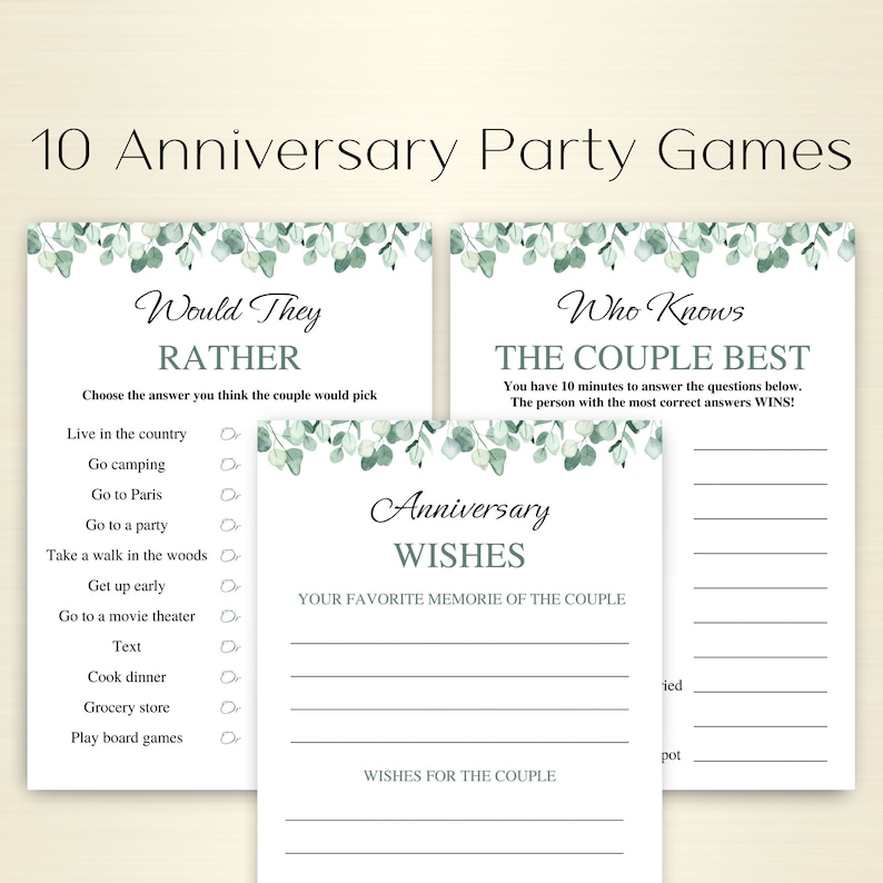 10 Printable Anniversary Games: Eucalyptus Theme DOWNLOAD - Etsy