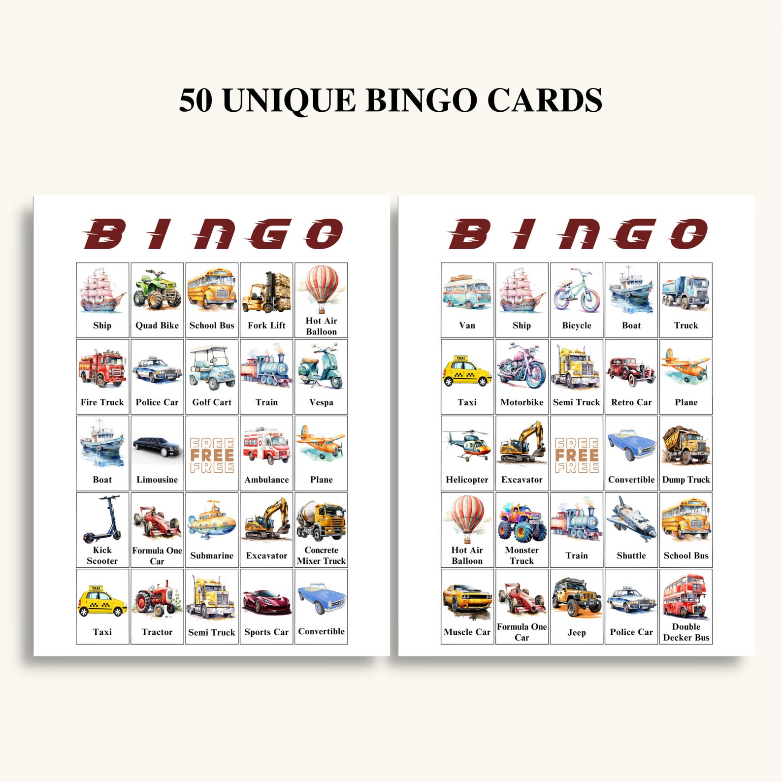 50 Printable Vehicle Bingo Cards Transport Picture Bingo Vehicle ...