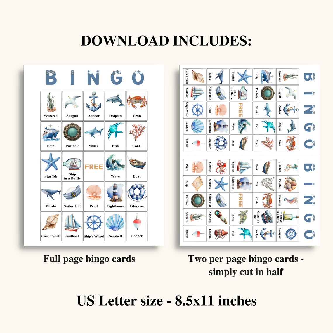 50 Printable Nautical Picture Bingo Cards, Nautical Birthday Party ...