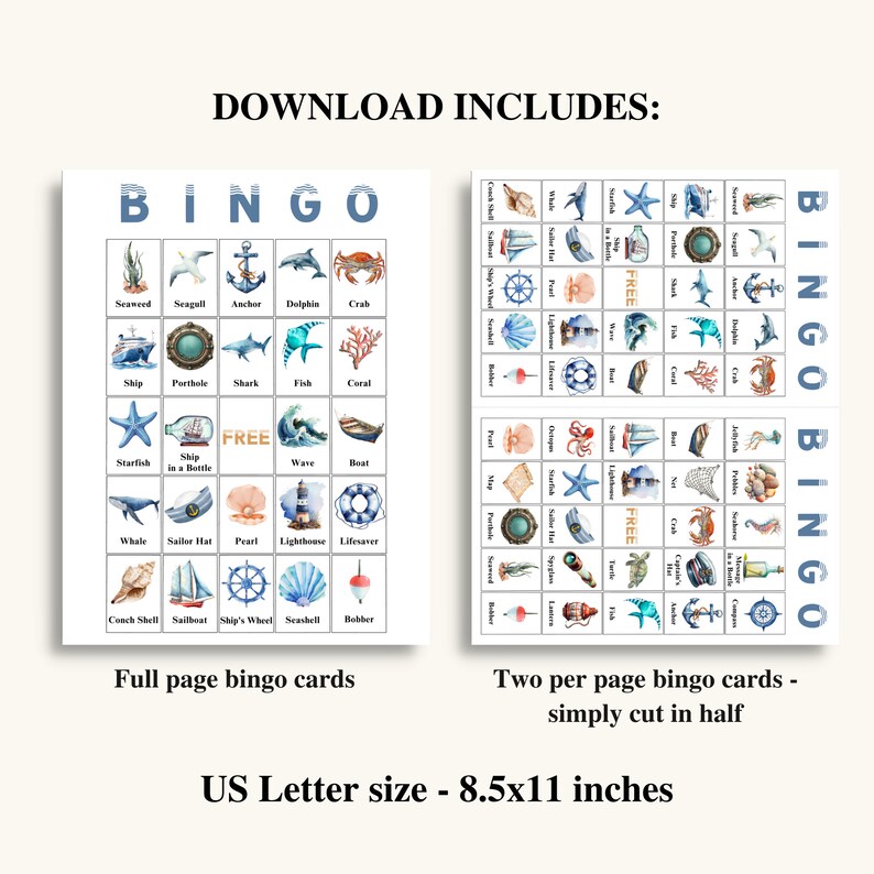 50 Printable Nautical Bingo Cards Nautical Themed Picture Bingo Cards ...
