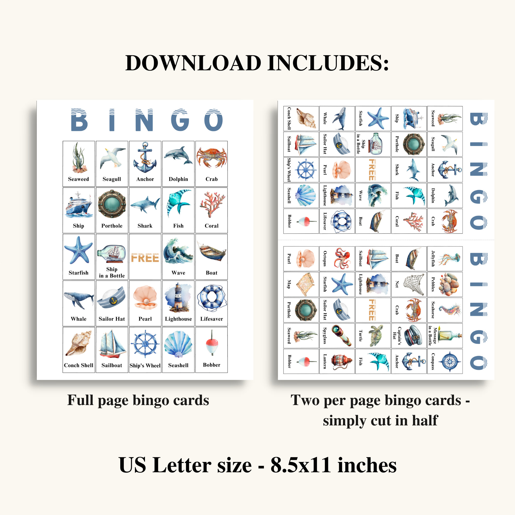 50 Printable Nautical Bingo Cards Nautical Themed Picture Bingo Cards ...