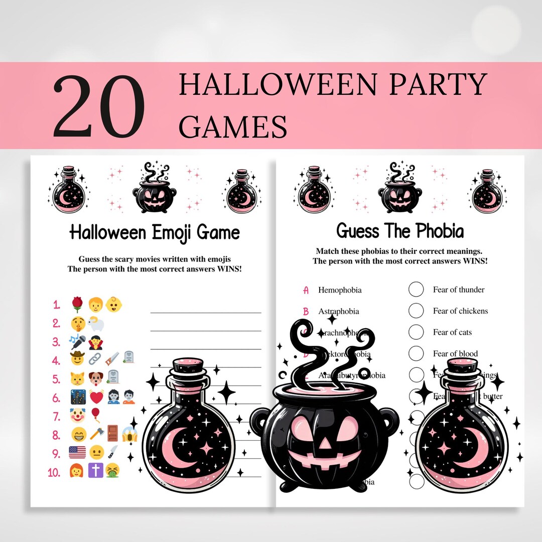 20 Printable Halloween Party Games: Black and Pink Theme (US Letter and ...