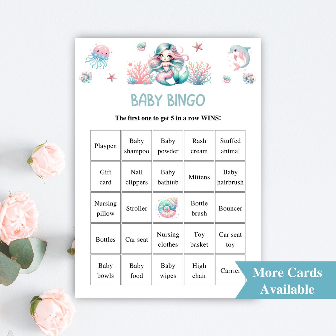 30 Printable Mermaid Baby Shower Bingo Cards | 5x7'' Under the Sea Baby ...