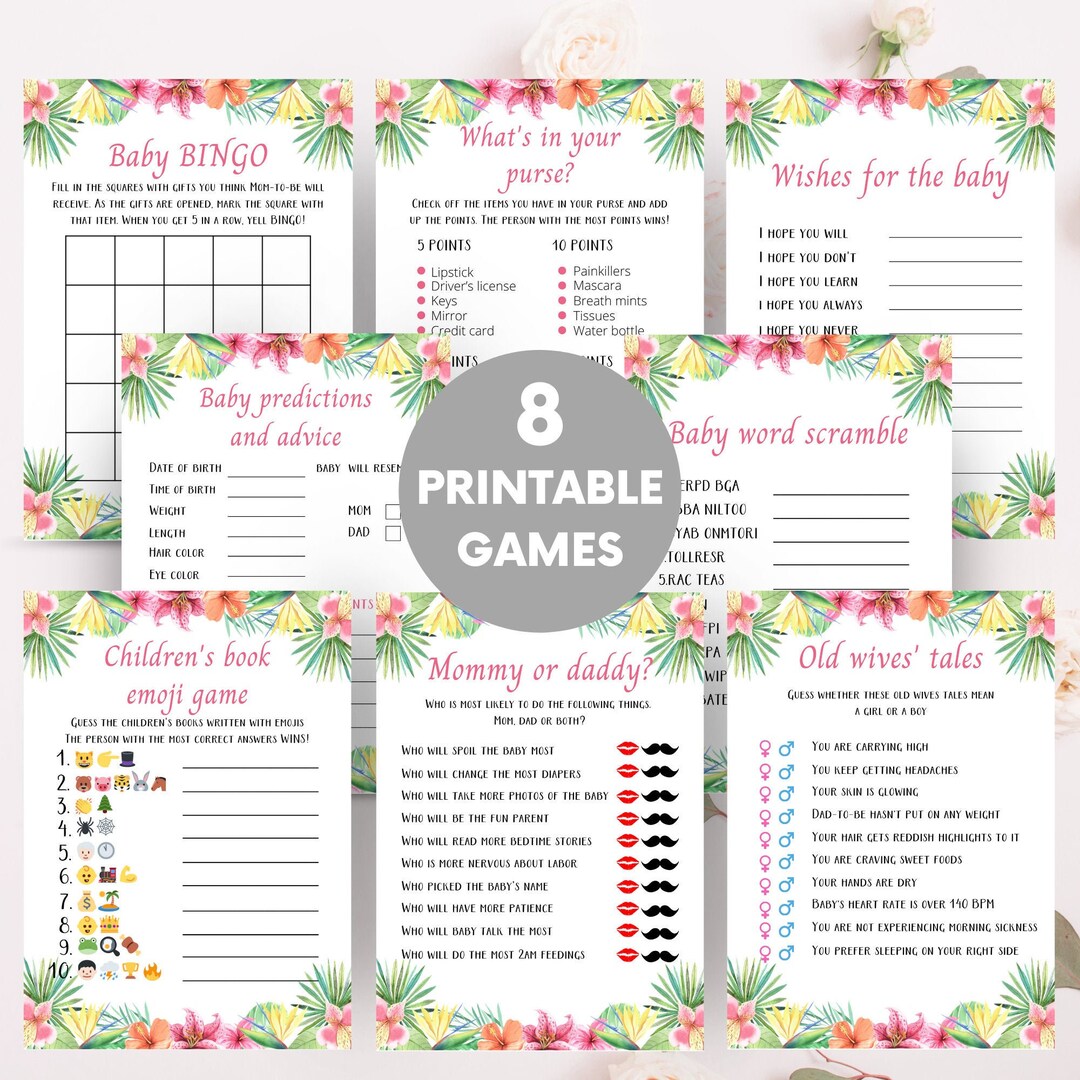 Printable Tropical Baby Shower Games, Luau Baby Shower Game Bundle ...