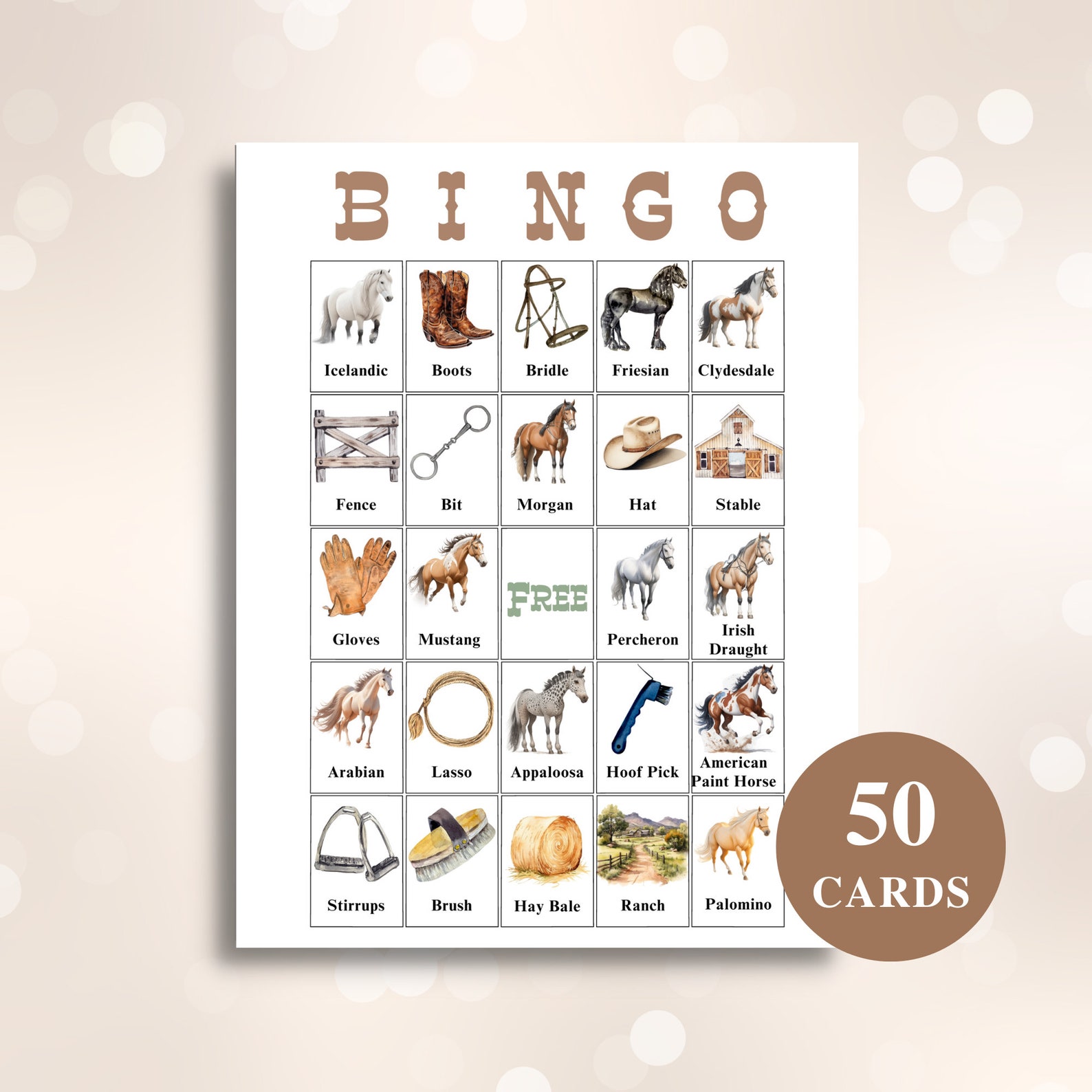 50 Printable Horse Picture Bingo Cards, Horse Themed Birthday Party ...