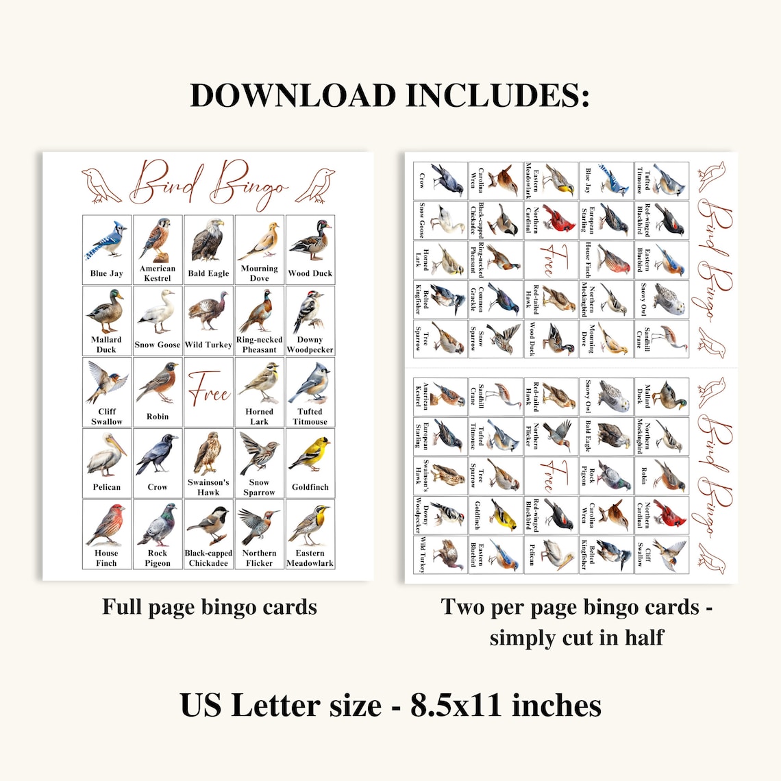 50 Printable Bird Bingo Cards Bird Species Picture Bingo Ornithology ...