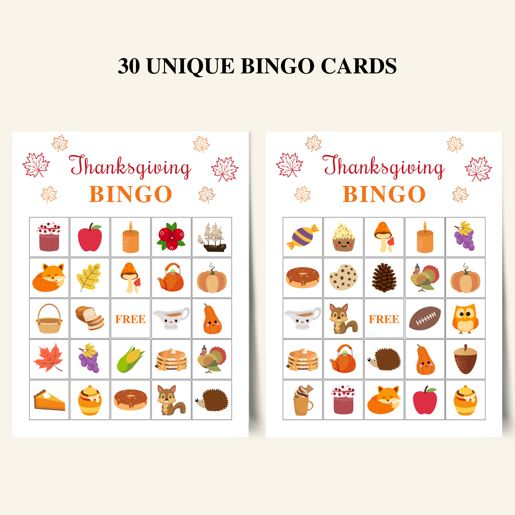 30 Printable Thanksgiving Bingo Cards Thanksgiving Games for Kids ...