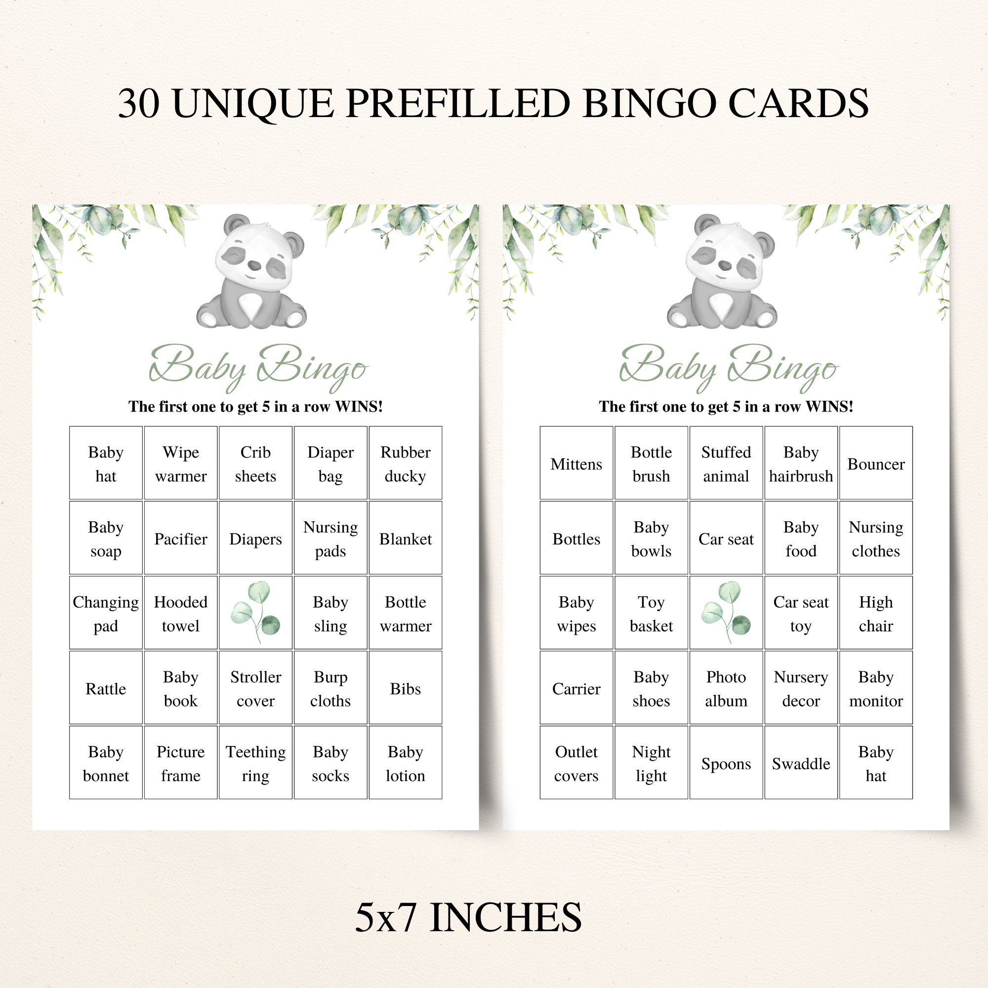 30 Printable Panda Baby Shower Bingo Cards 5x7'' - Etsy