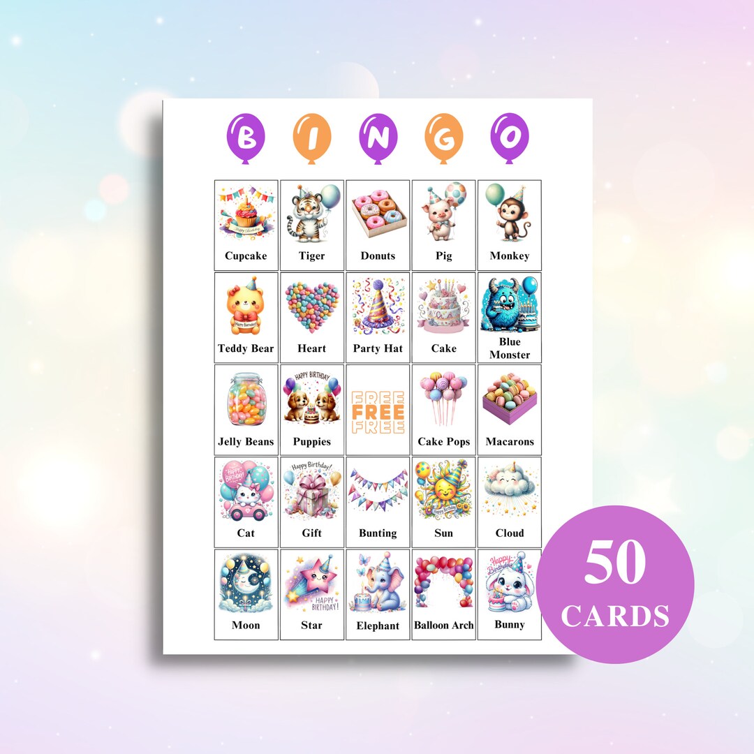 50 Printable Birthday Bingo Cards | Birthday Picture Bingo | Kids ...