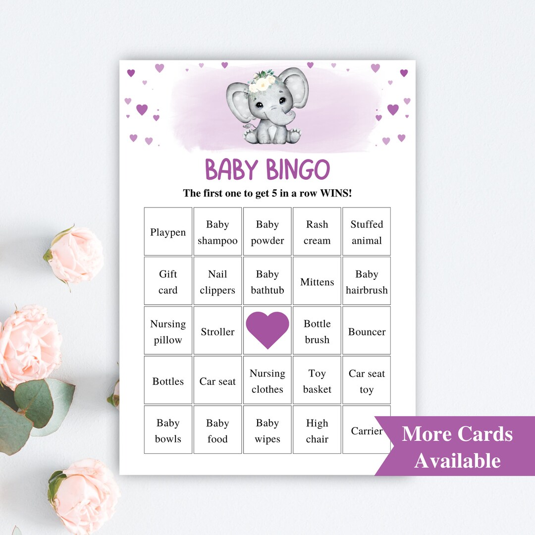 30 Printable Purple Elephant Baby Shower Bingo Cards | 5x7'' Prefilled ...