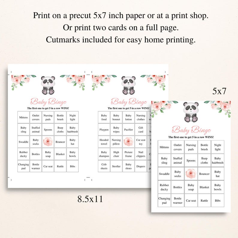 100 Printable Floral Panda Baby Shower Bingo Cards: Prefilled Gift ...