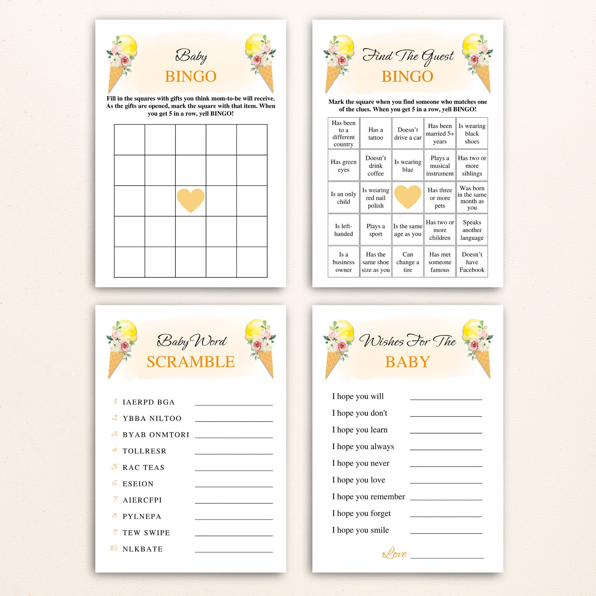 16 Printable Ice Cream Baby Shower Games, Heres the Scoop Baby Shower ...