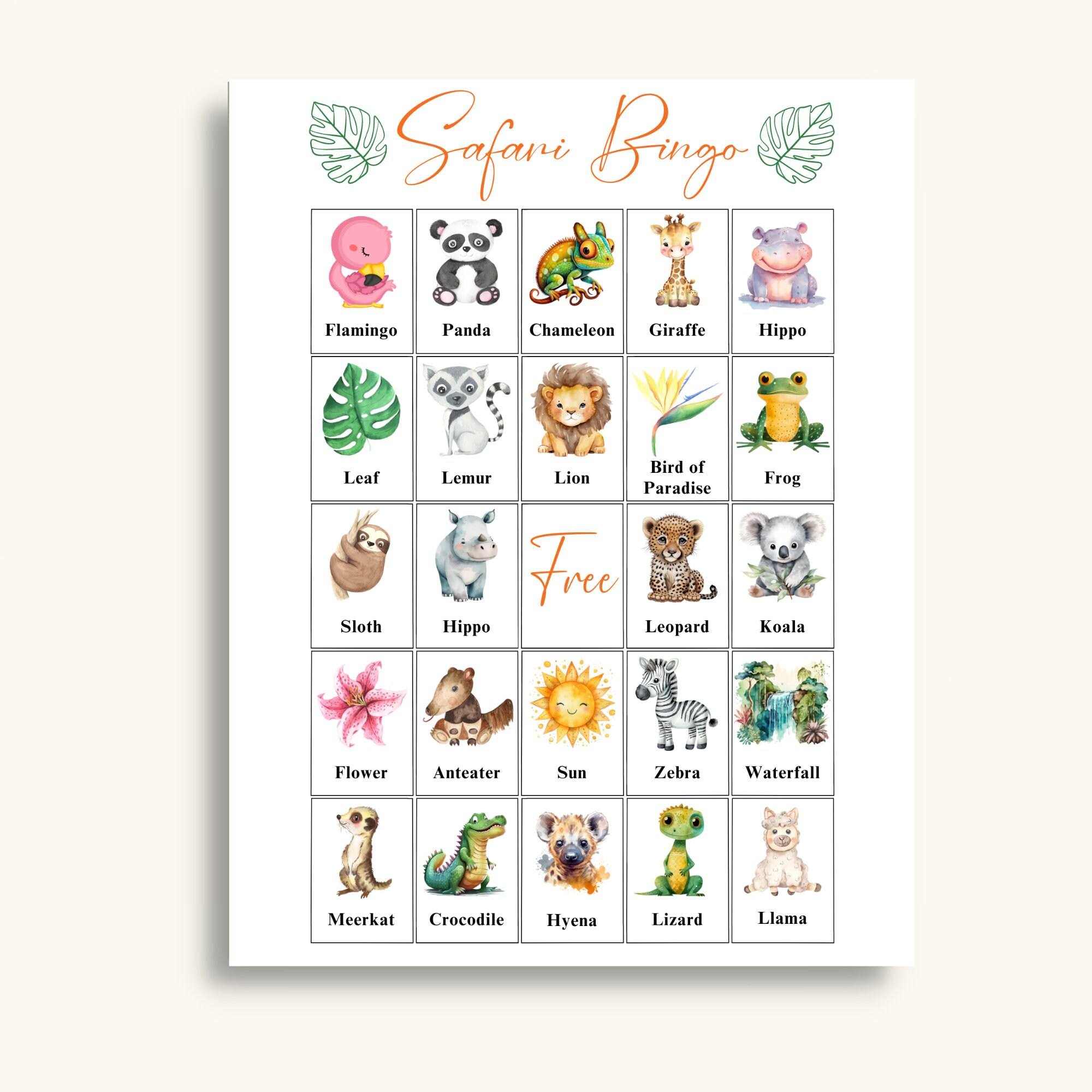 50 Printable Safari Bingo Cards Safari Themed Picture Bingo Safari Baby ...